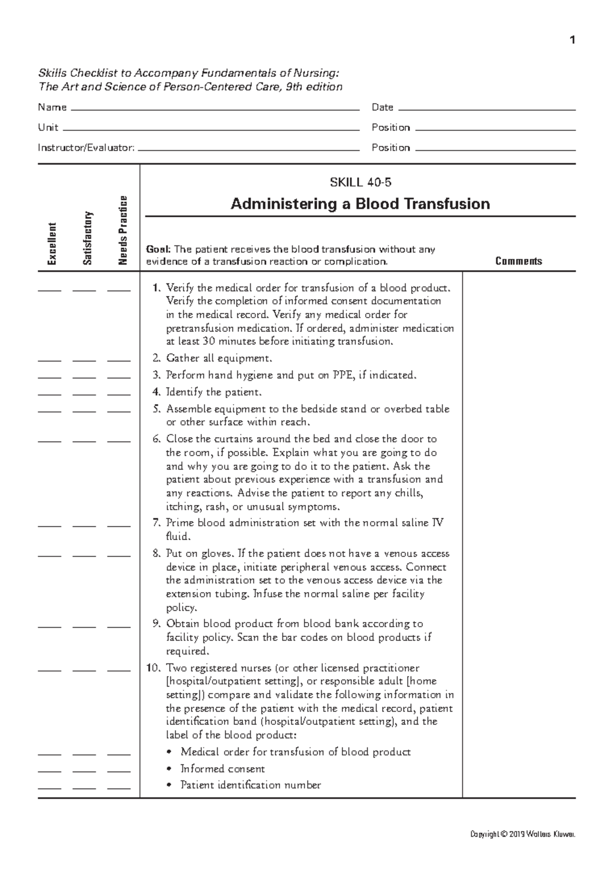 blood transfusion - 1 Skills Checklist to Accompany Fundamentals of ...