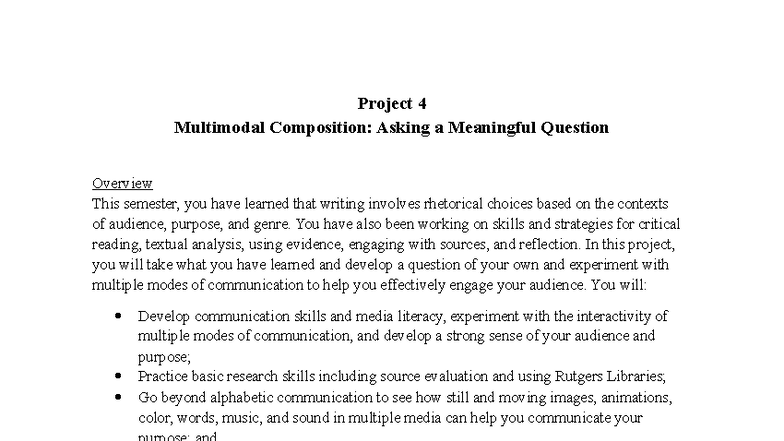 Project 4: Multimodal Composition & Meaningful Question Overview - Studocu