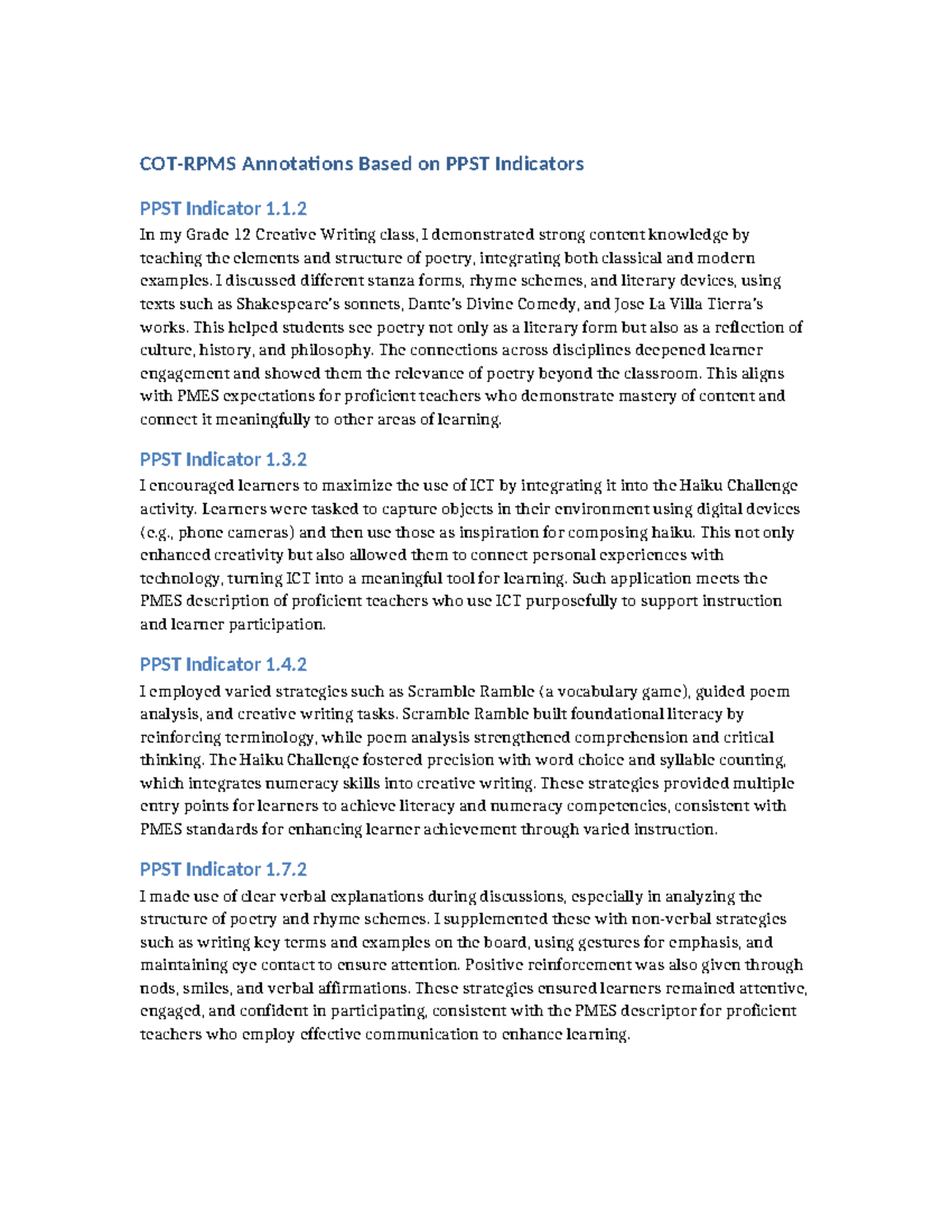 COT RPMS Annotations: Integrating PPST Indicators in Creative Writing ...