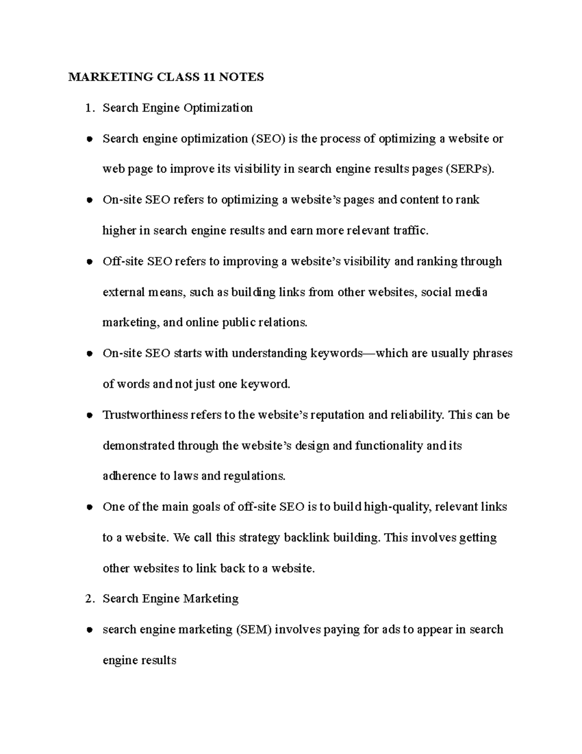 MARKETING CLASS 11 NOTES: SEO, SEM, and Social Media Strategies - Studocu