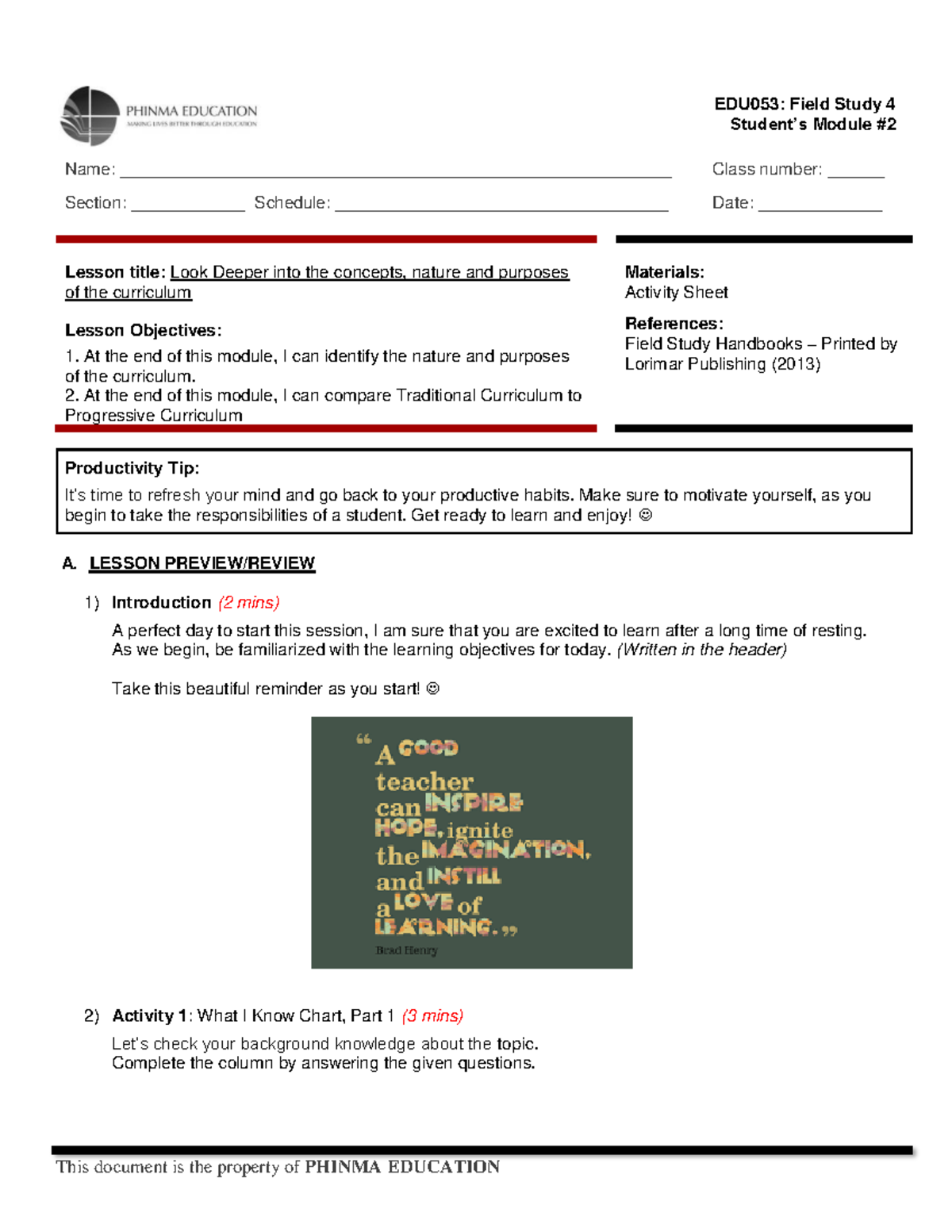 EDU053: Field Study 4 - Exploring Curriculum Concepts and Purposes ...