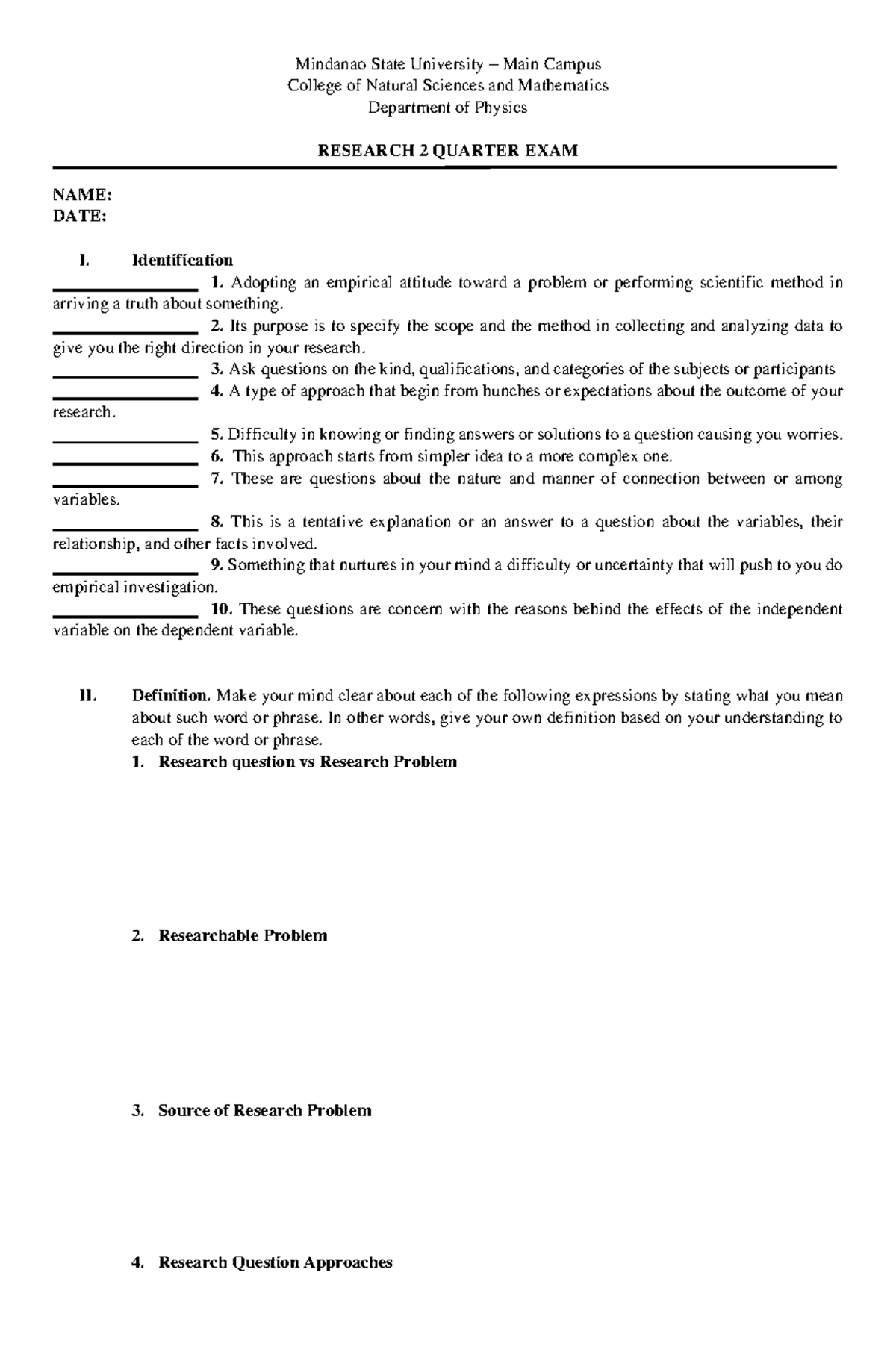 SHS-Research 2 Quarter Exam Review Guide and Key Concepts - Studocu