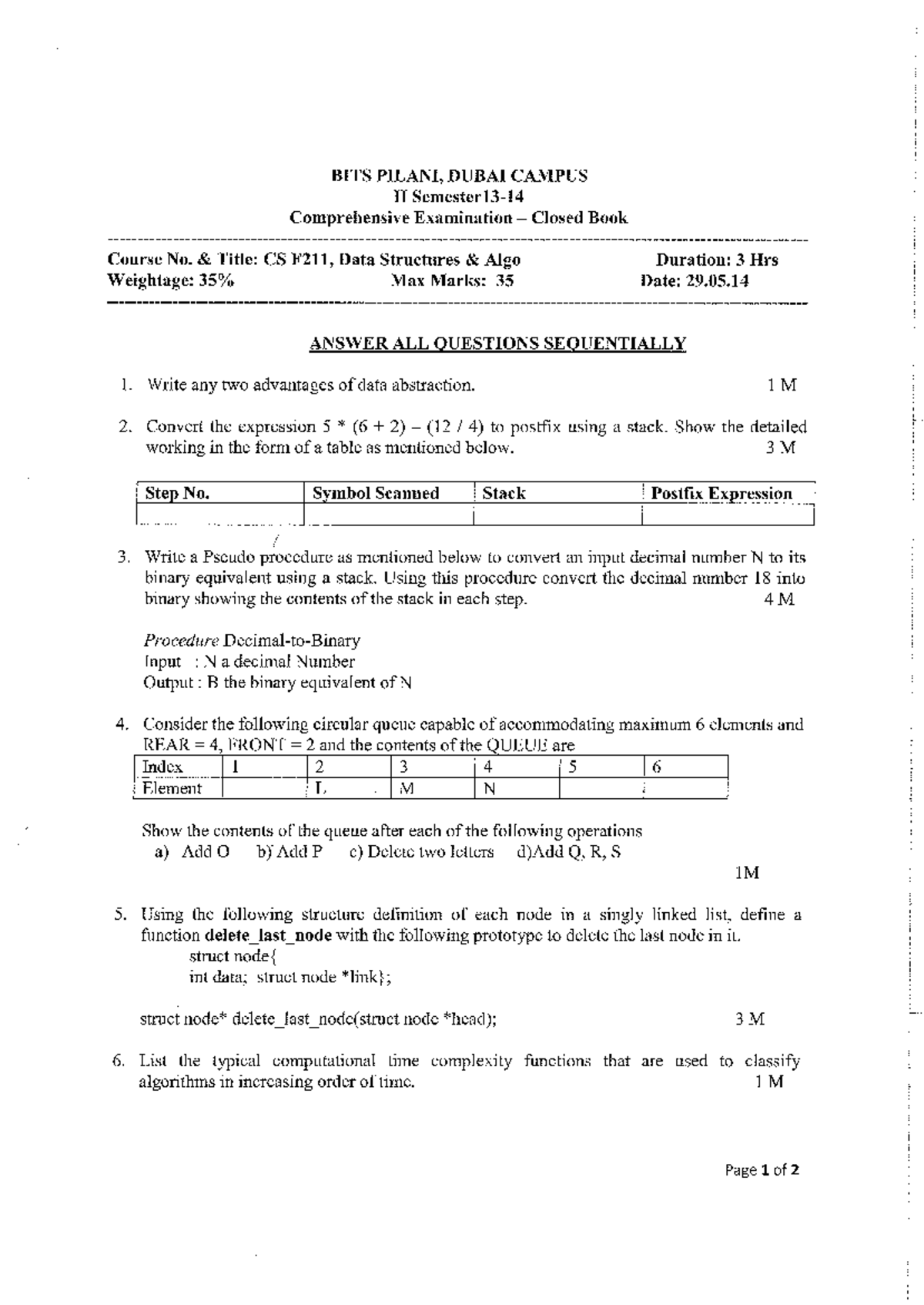 CS F211 II Semester Comprehensive Exam: Data Structures & Algorithms ...