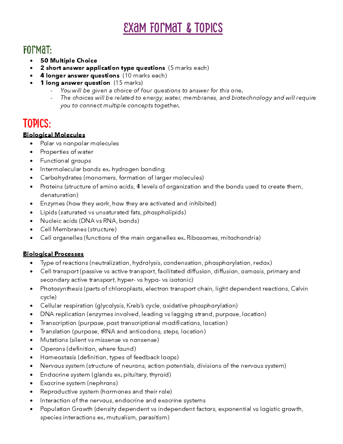 SBI 4UV Final Exam Format: Topics & Question Types - Studocu