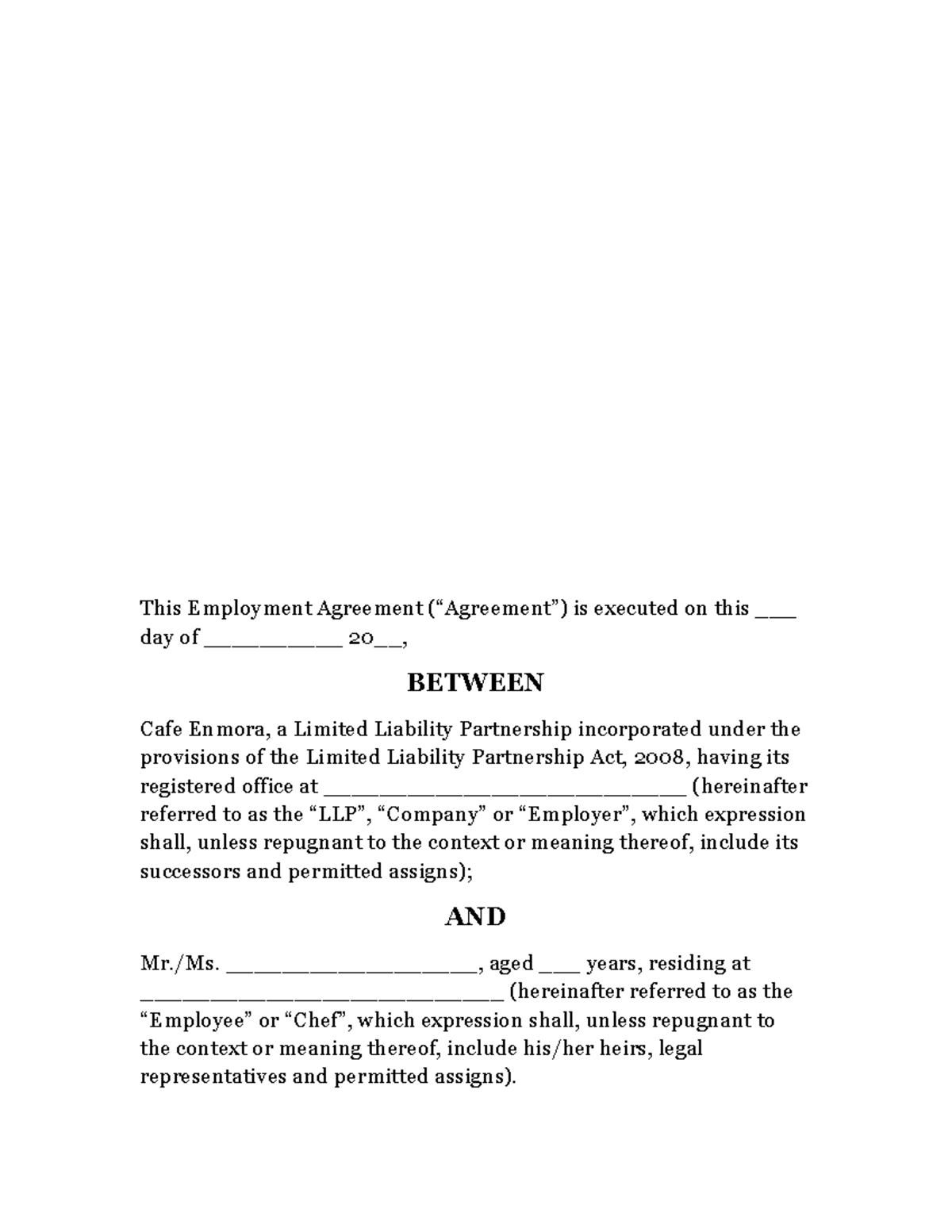 Cafe Enmora Chef Employment Agreement - This Employment Agreement ...