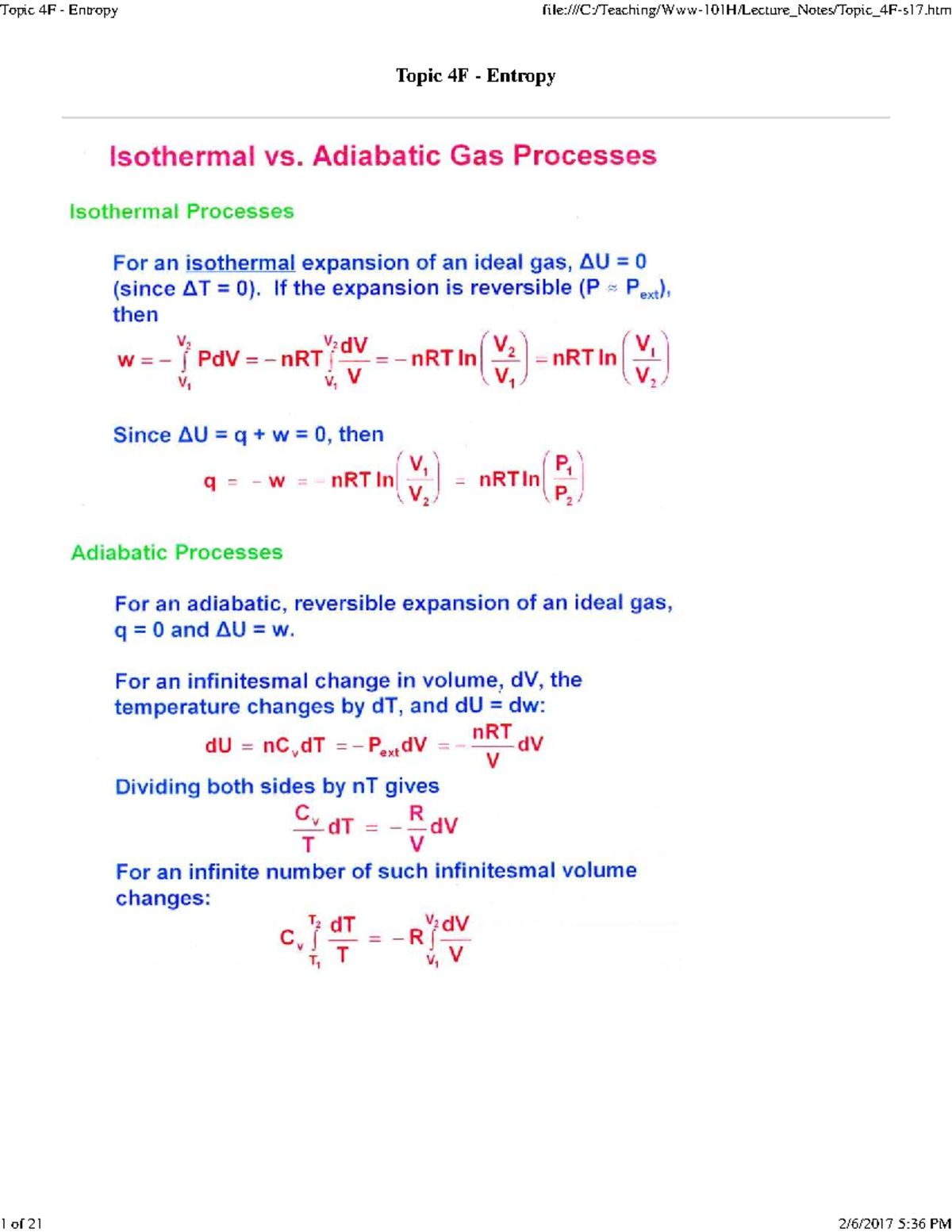 Chapter 03 Notes on Topic 4F: Entropy Overview - Studocu