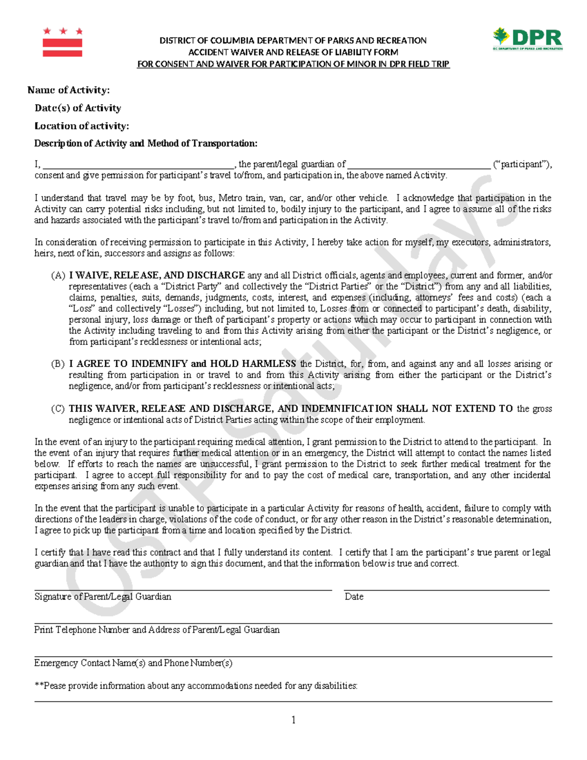 Blank DPR Permission Waiver - DISTRICT OF COLUMBIA DEPARTMENT OF PARKS ...