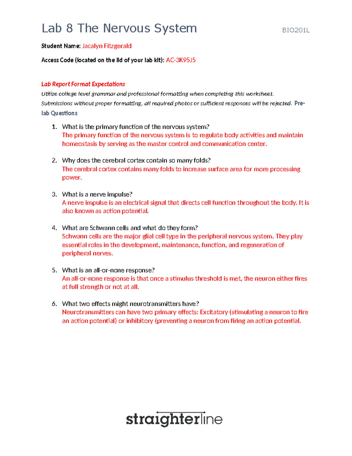 BIO201 Lab 8 - Nervous System and Dissection Experiments Report - Studocu