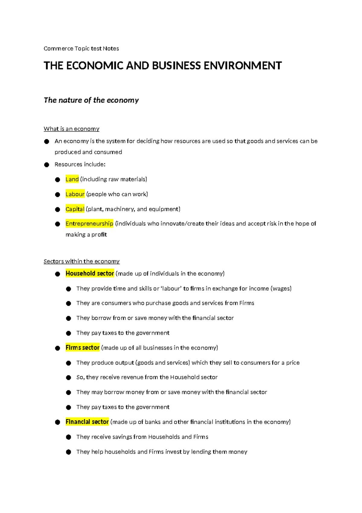 Commerce Topic Test Notes: The Economic & Business Environment - Studocu