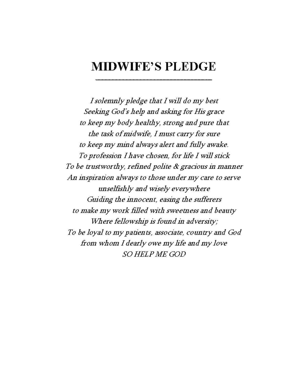 Midwife's Pledge and Prayer: Commitment to Care and Service - Studocu