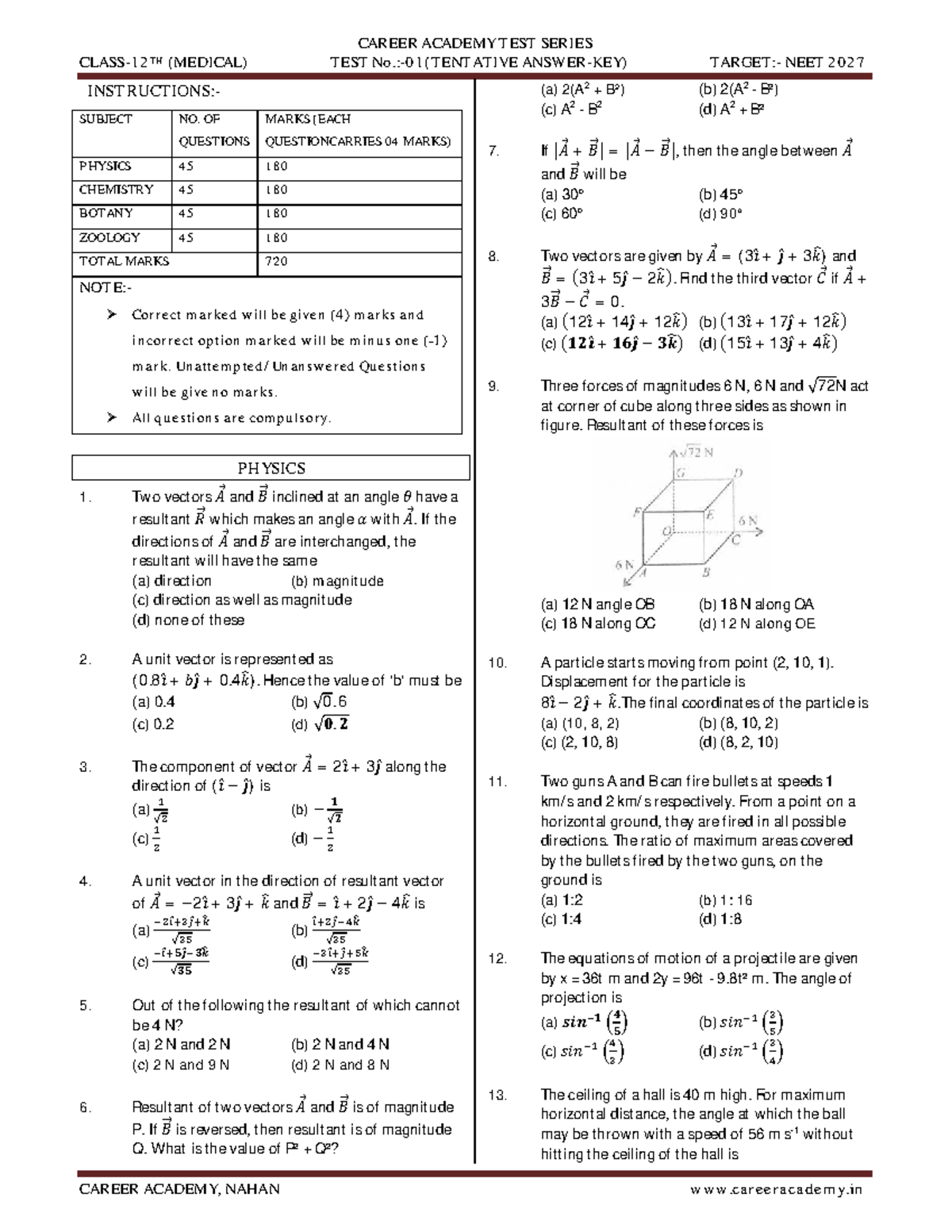 CATS- Answer Key for 12th Medical P-C-B Test No. 01 (NEET 2027) - Studocu