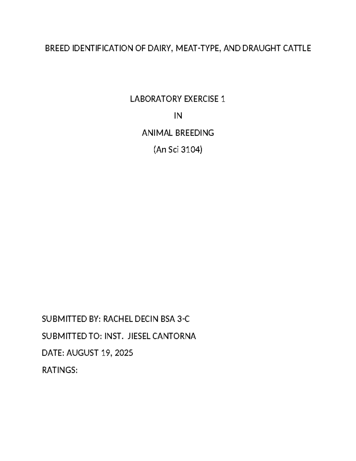 An Sci 3104: Breed Identification of Dairy and Draught Cattle Lab ...