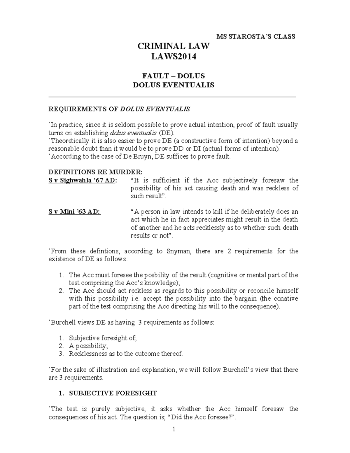Criminal Law 101 - DE: Lecture Notes on Fault and Intent - Studocu