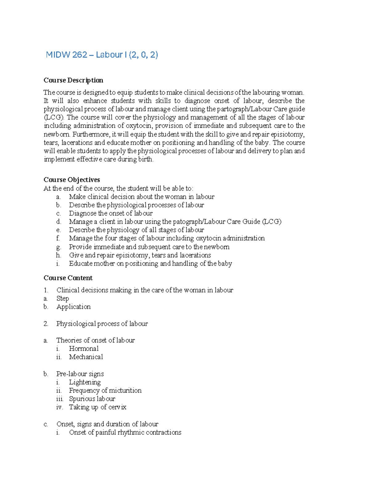 MIDW 262 Labour I Course Outline and Objectives - Studocu