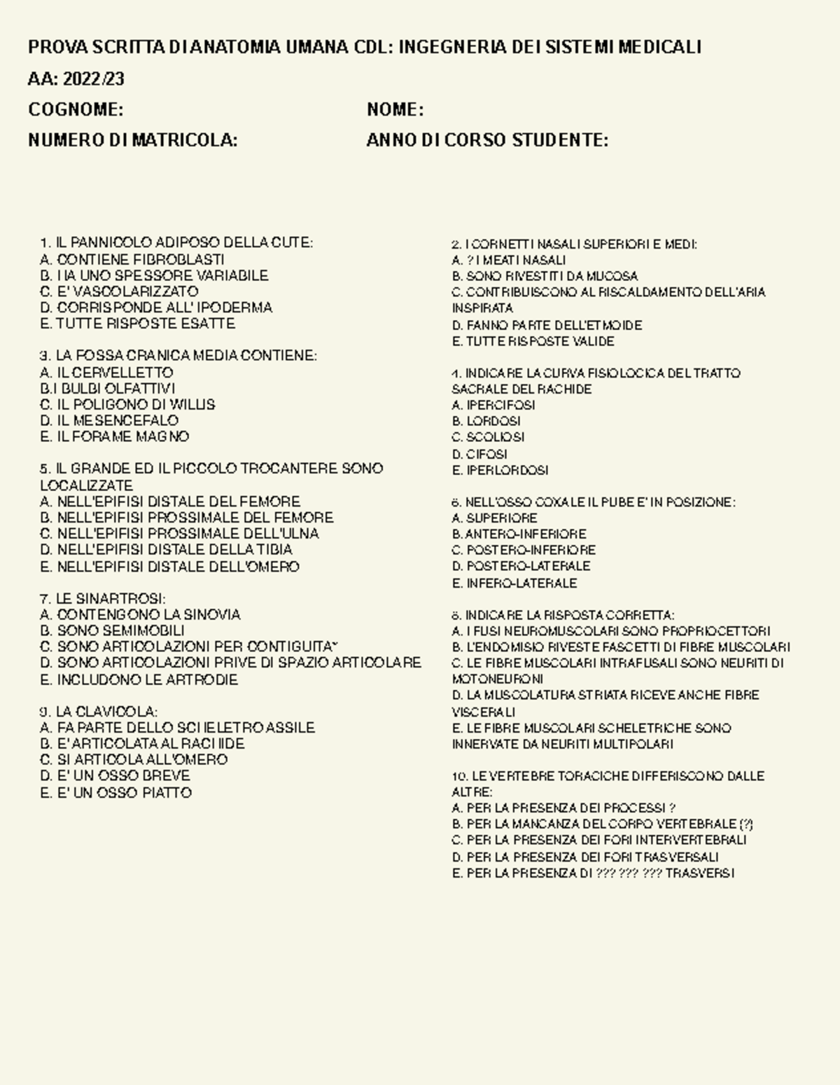 Prova Scritta di Anatomia Umana - CDL: Ingegneria dei Sistemi Medicali ...