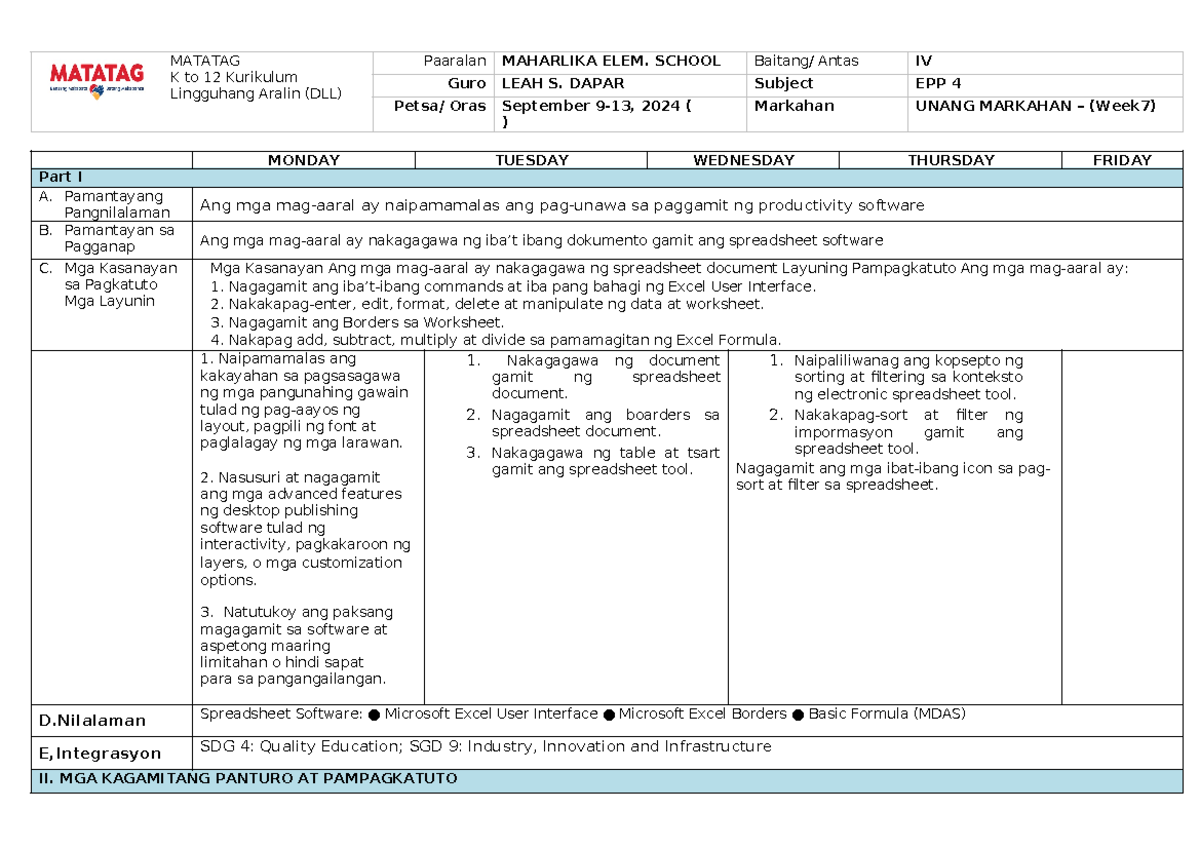 Matatag DLL Week 7 G4: Paggamit ng Spreadsheet Software sa EPP 4 - Studocu