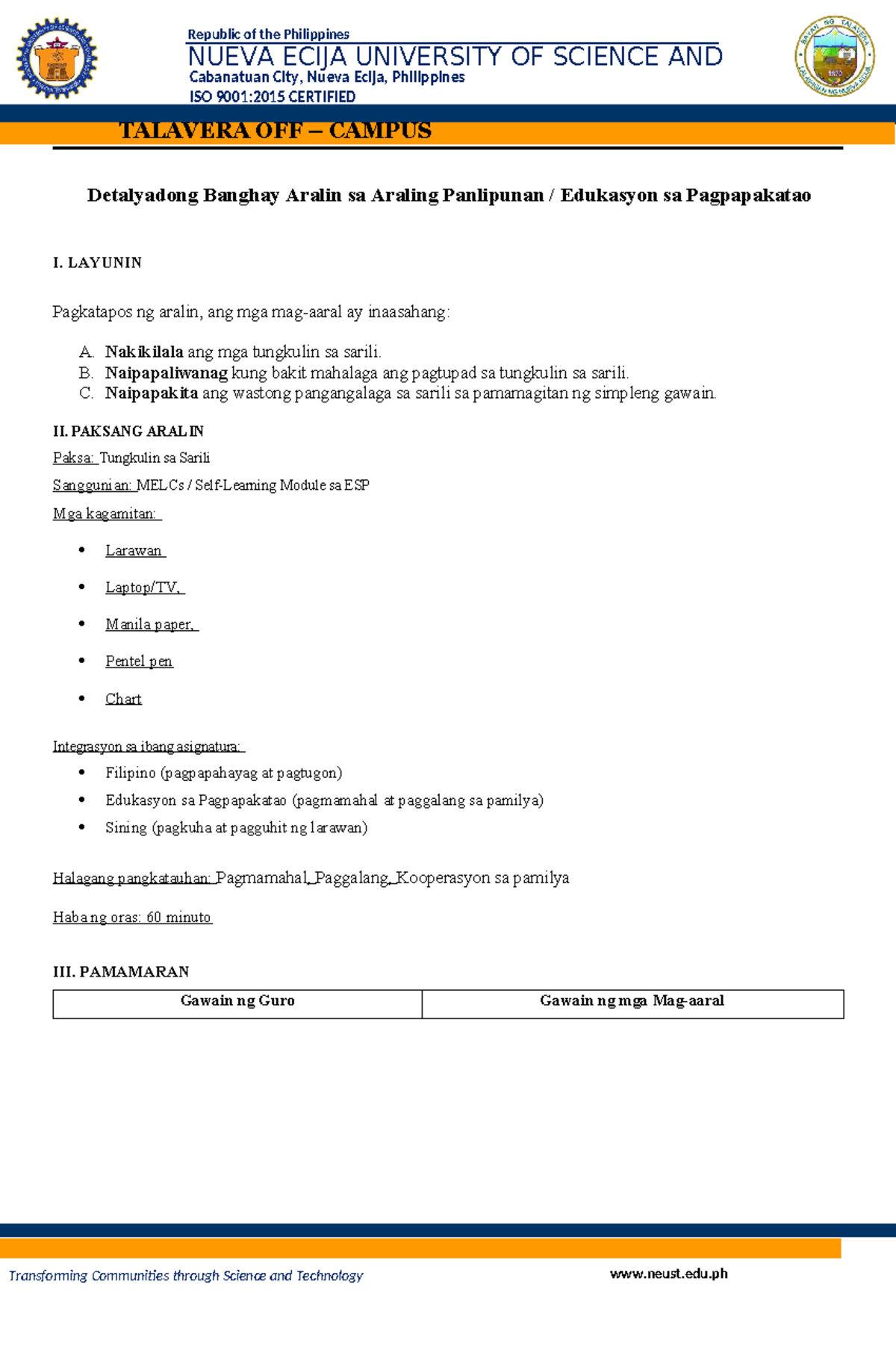 EPP 3 Home Economics - Lesson Plan on Tungkulin sa Sarili - Studocu