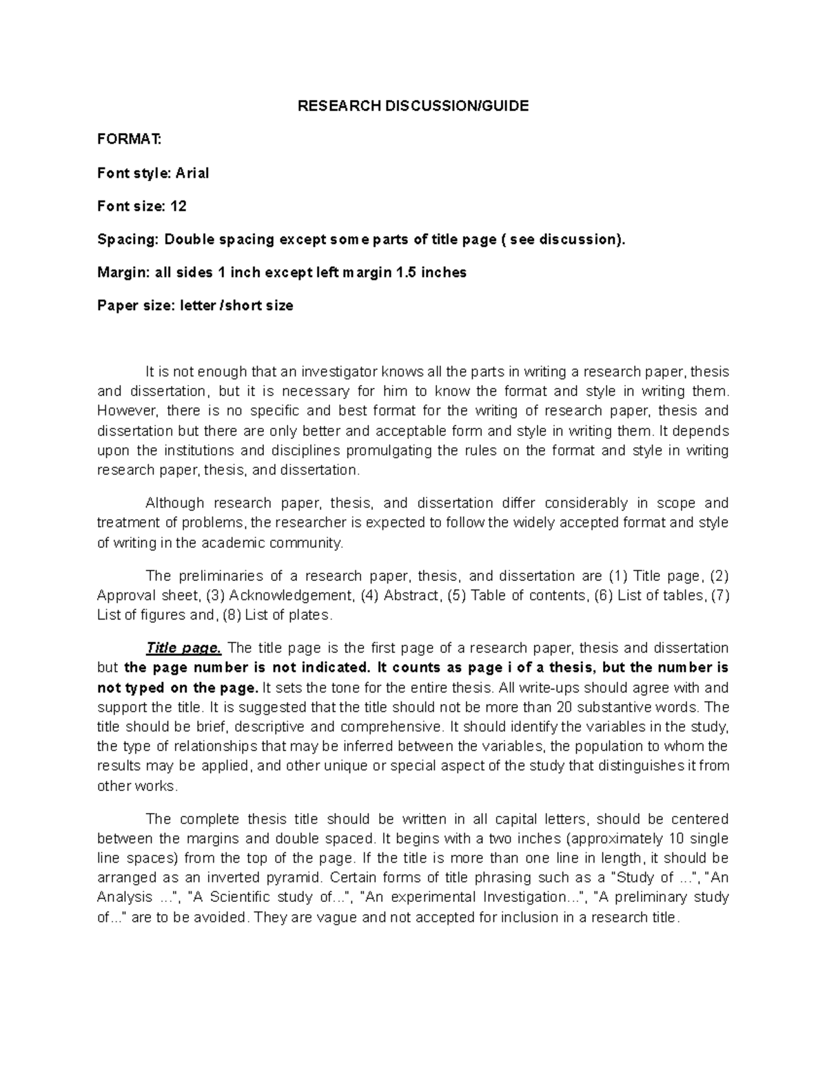 Research-Paper-Guide - RESEARCH DISCUSSION/GUIDE FORMAT: Font style ...