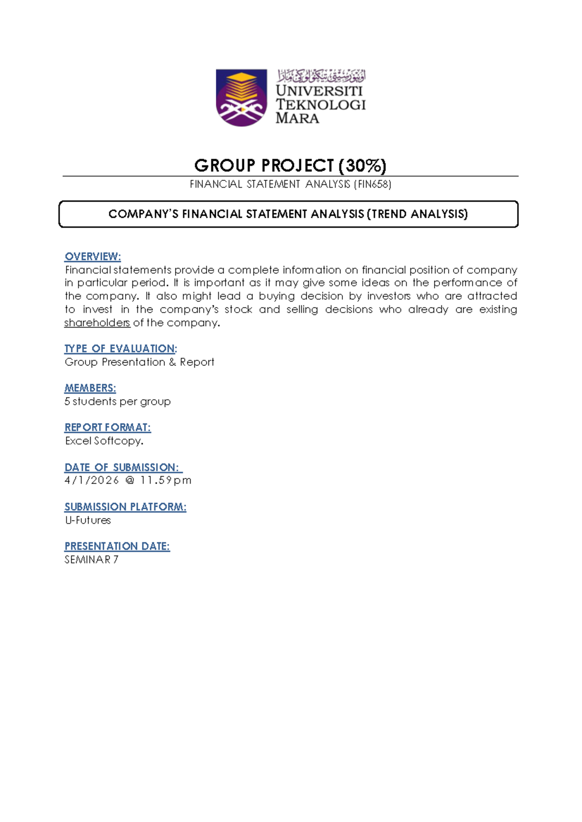 FIN658 Group Project: Financial Statement Analysis Overview - Studocu