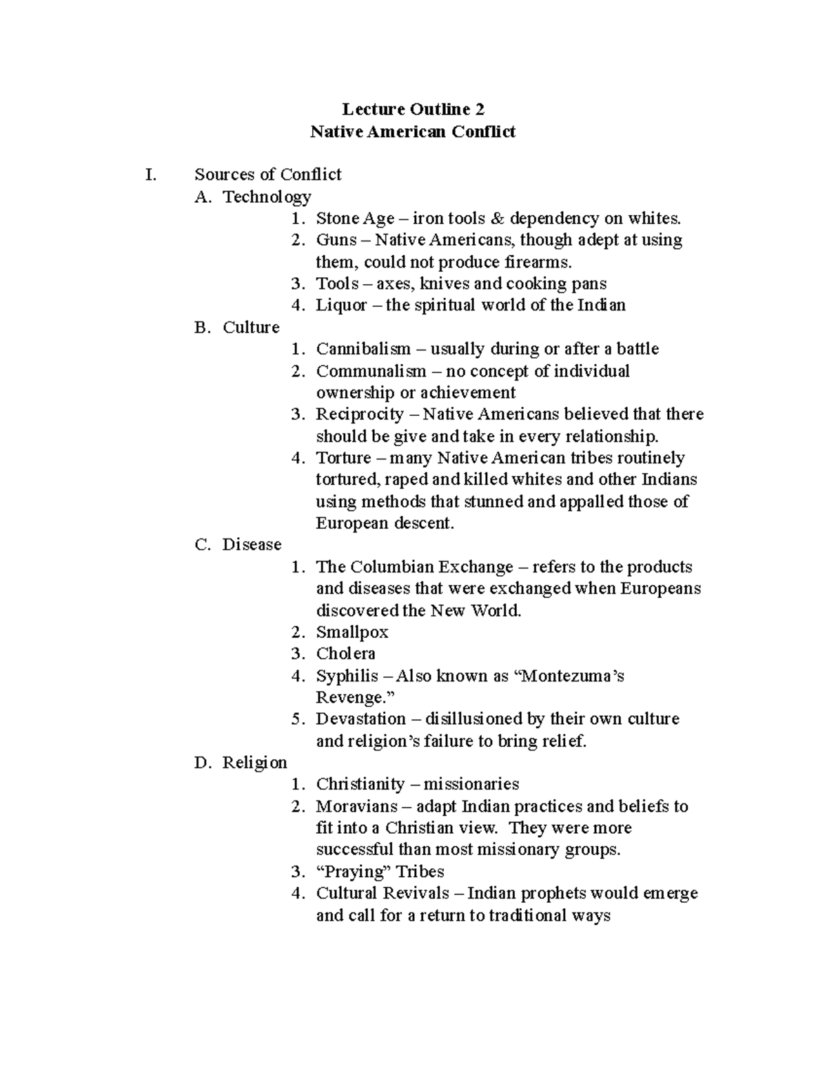 Frontier 2a - Lecture Outline on Native American Conflict - Studocu