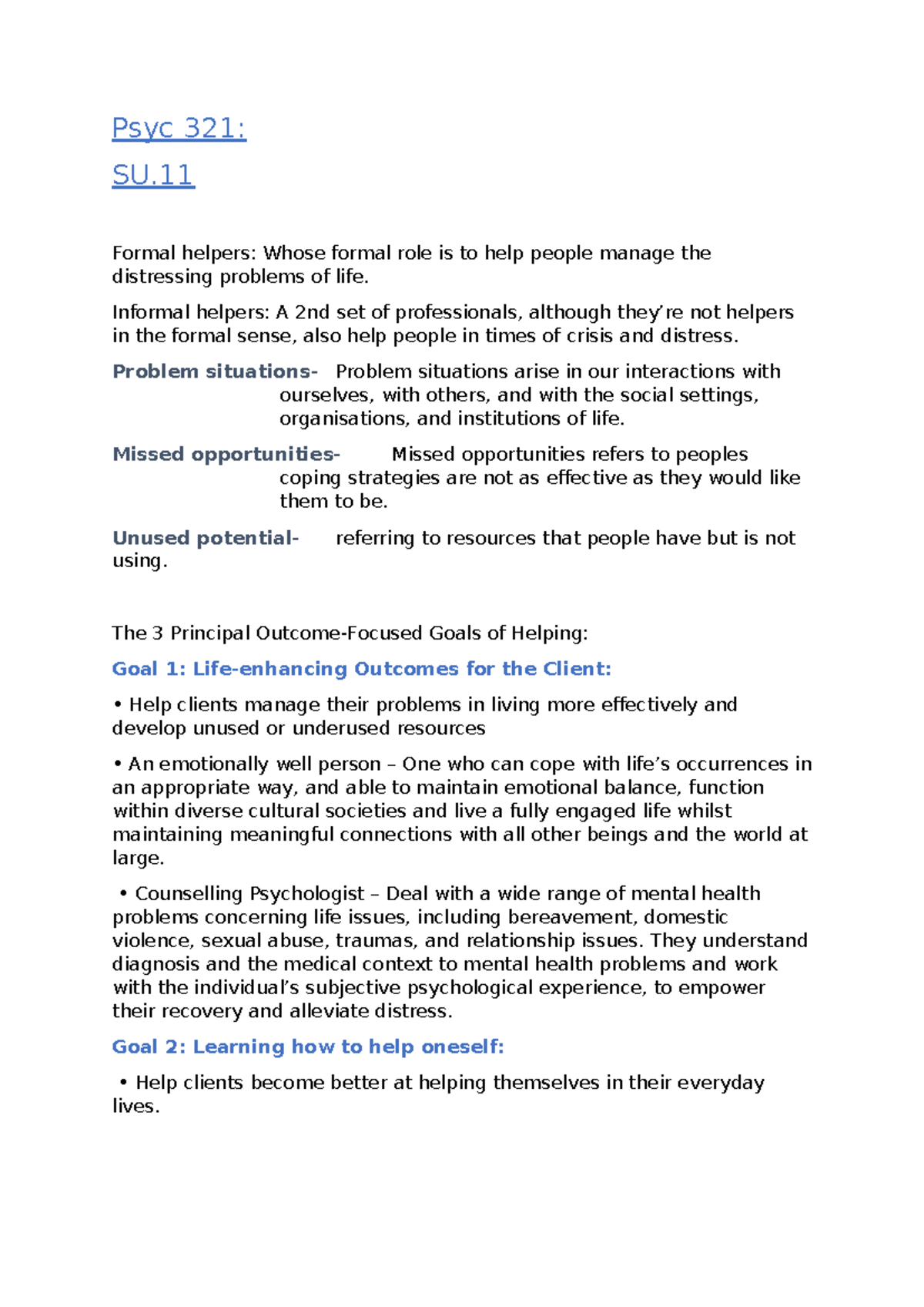 Psyc 321: SU.11 Summary of Helping Relationships and Counseling Goals ...