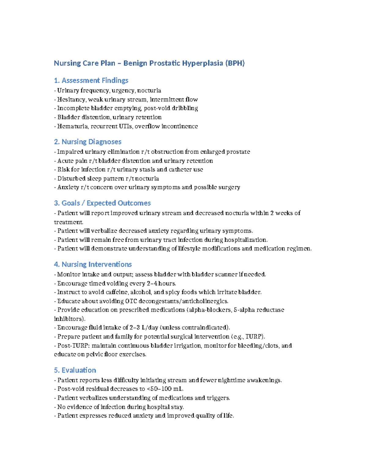BPH Nursing Care Plan: Assessment, Goals, and Interventions - Studocu