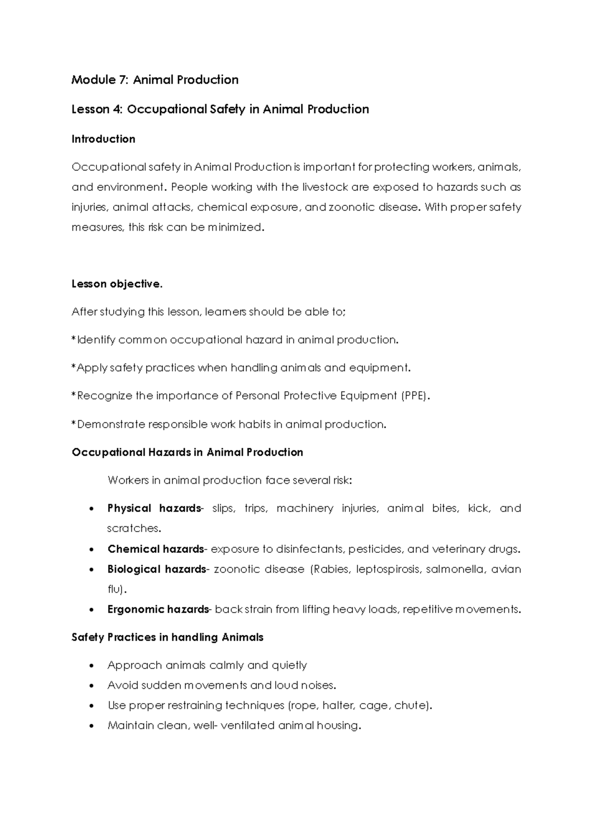 Module 7: Animal Production - Lesson 4 Safety Practices & Hazards - Studocu