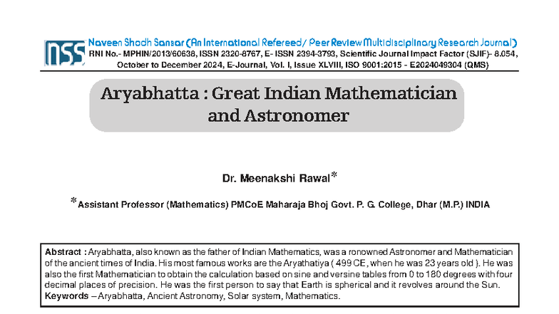 Aryabhatta: Contributions to Mathematics & Astronomy (Research Journal ...