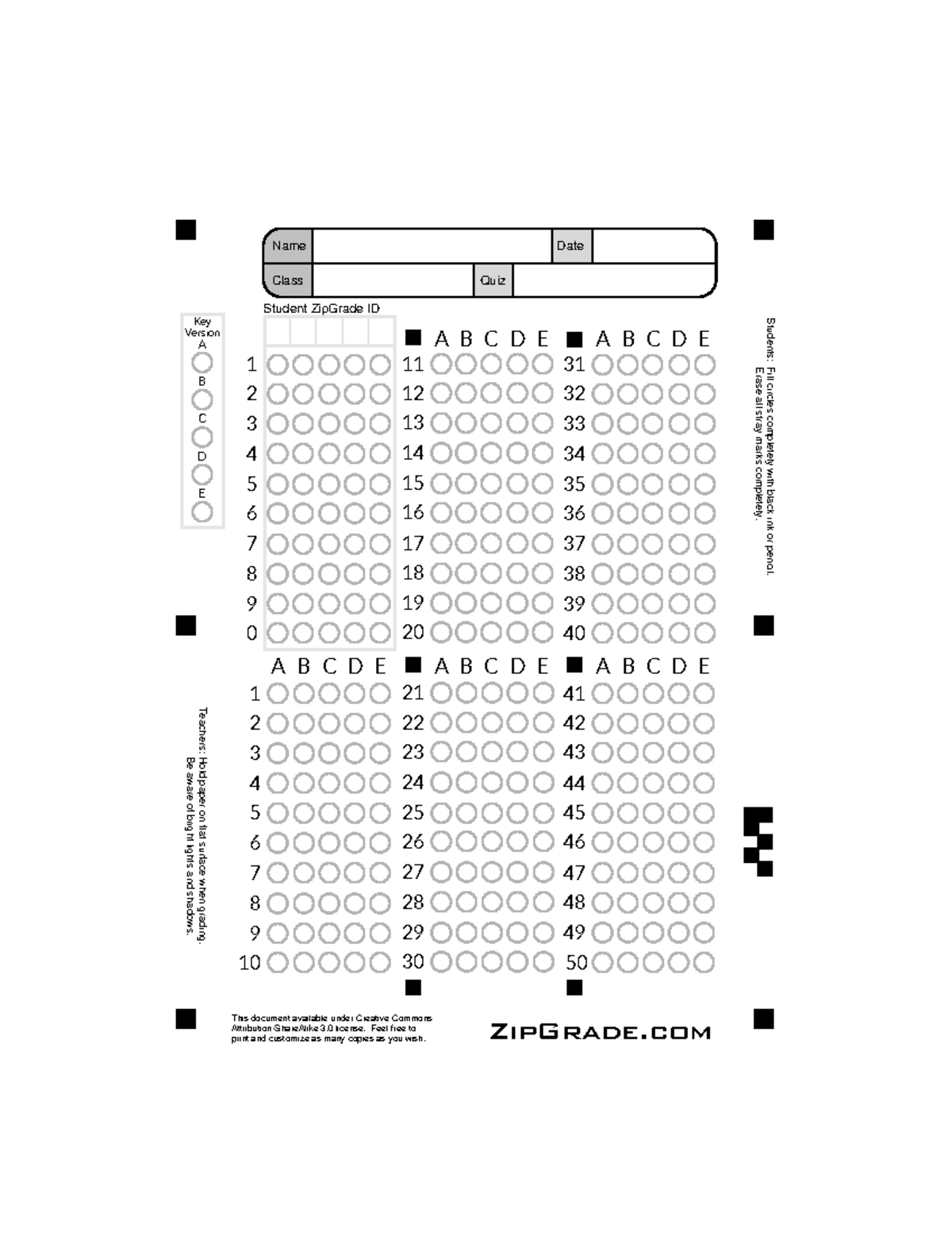 Zip Grade Sheet for Quiz with 50 Questions Version 2 - Studocu