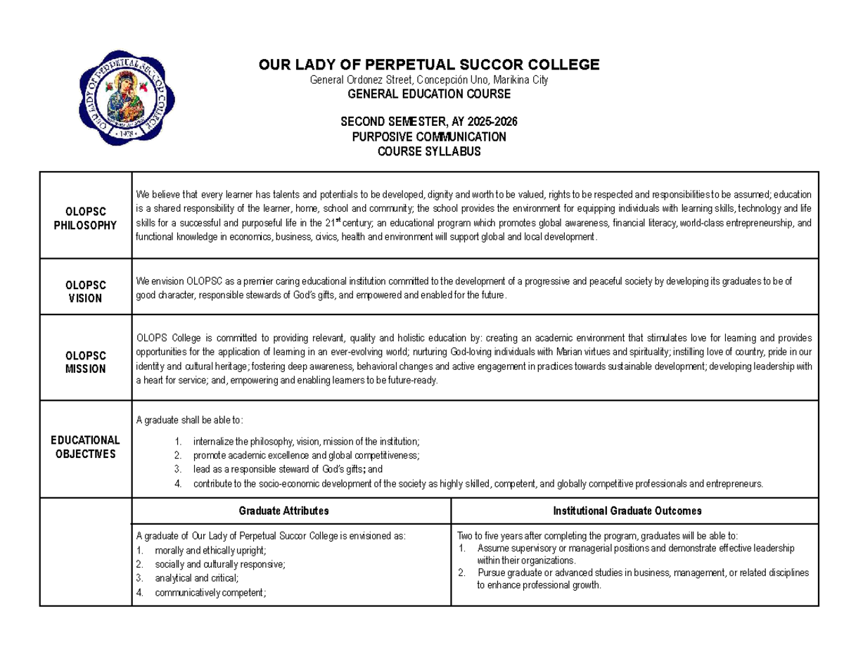 EGE1 - Purposive Communication Course Syllabus and Learning Outcomes - Studocu