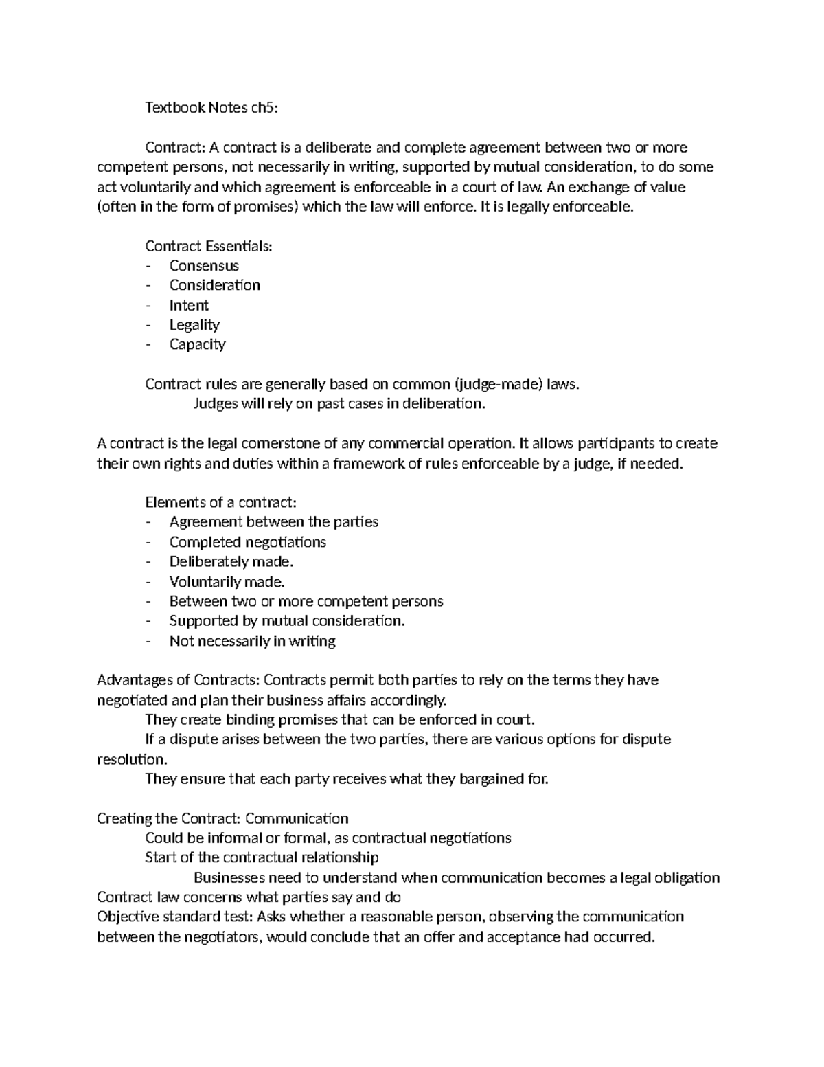 Textbook Notes BUS 101 - Contract Law Essentials and Key Concepts - Studocu