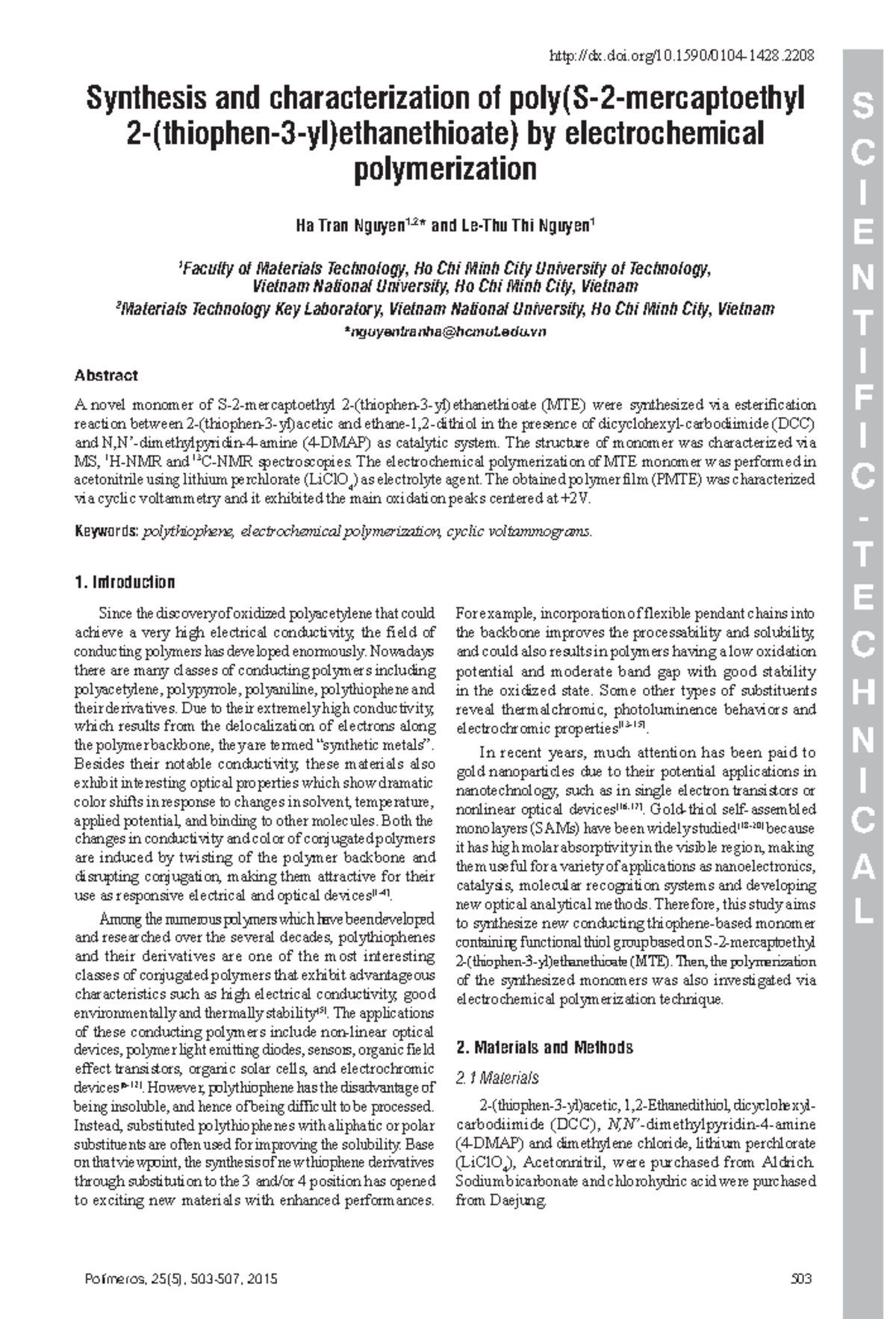 Synthesis and Characterization of MTE Monomer via Electrochemical ...