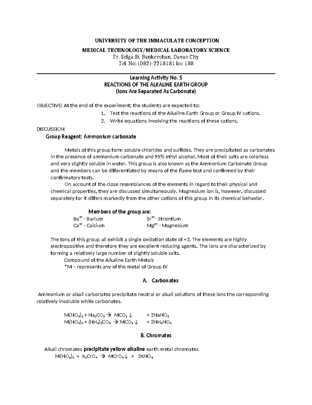 LA 5 & 6 - Reactions of Alkaline Earth & Alkali Groups - Studocu