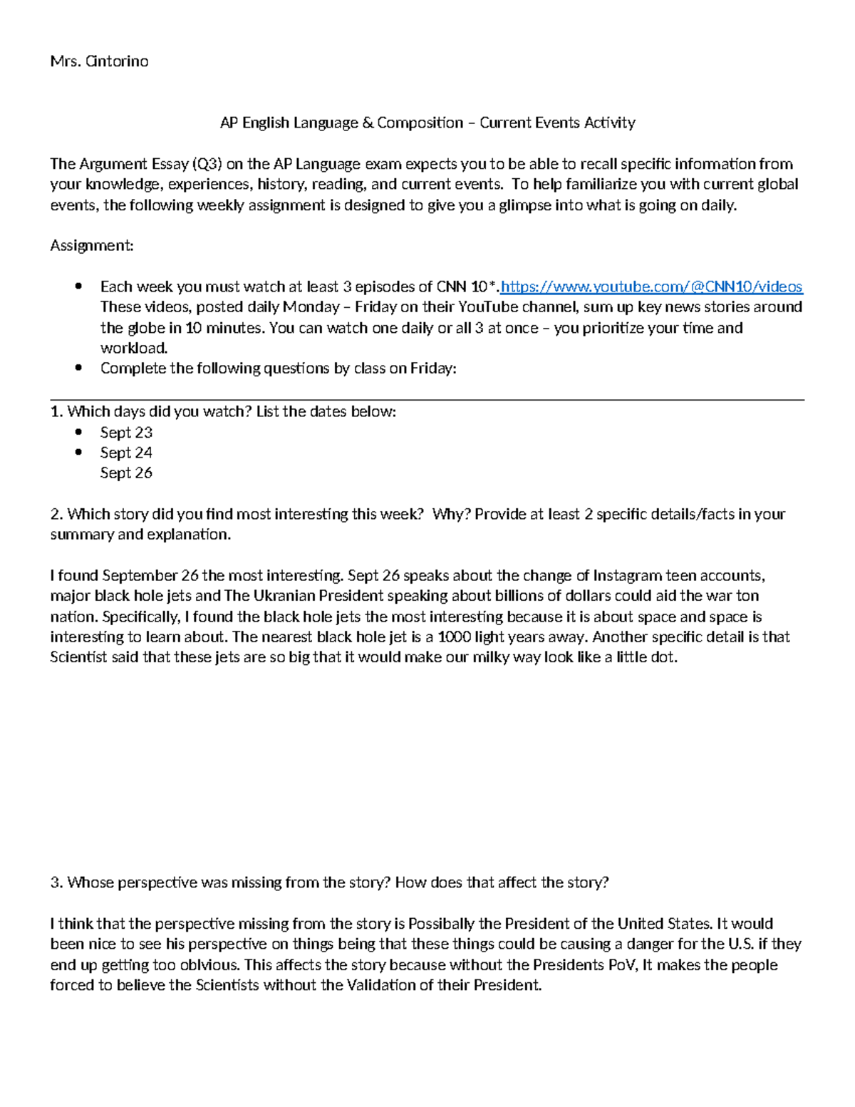 CNN103 - AP English Current Events Activity: CNN 10 Analysis - Studocu