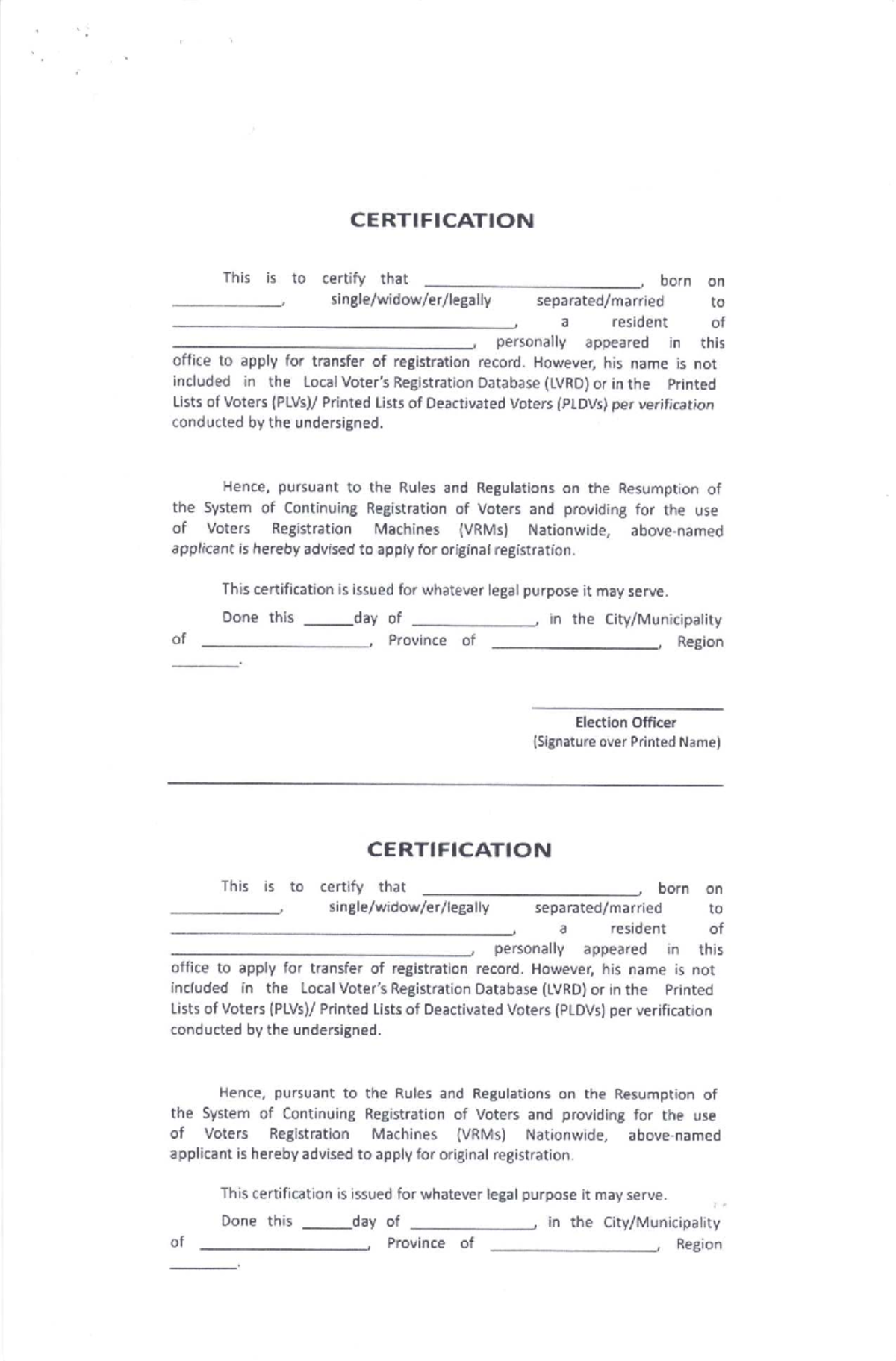 Certification of Voter Registration Transfer Application - Studocu