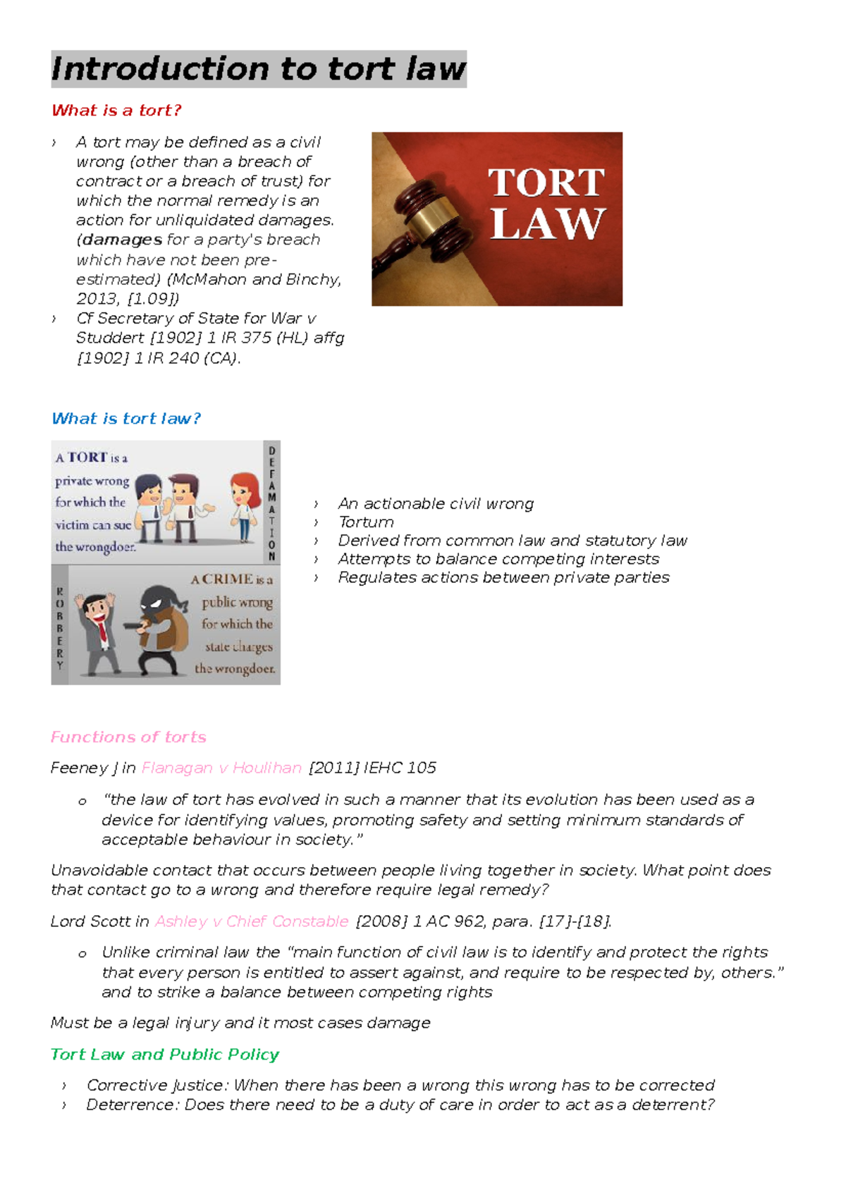 Law of Torts Topic 1 - Lecture notes 1 - Introduction to tort law What ...