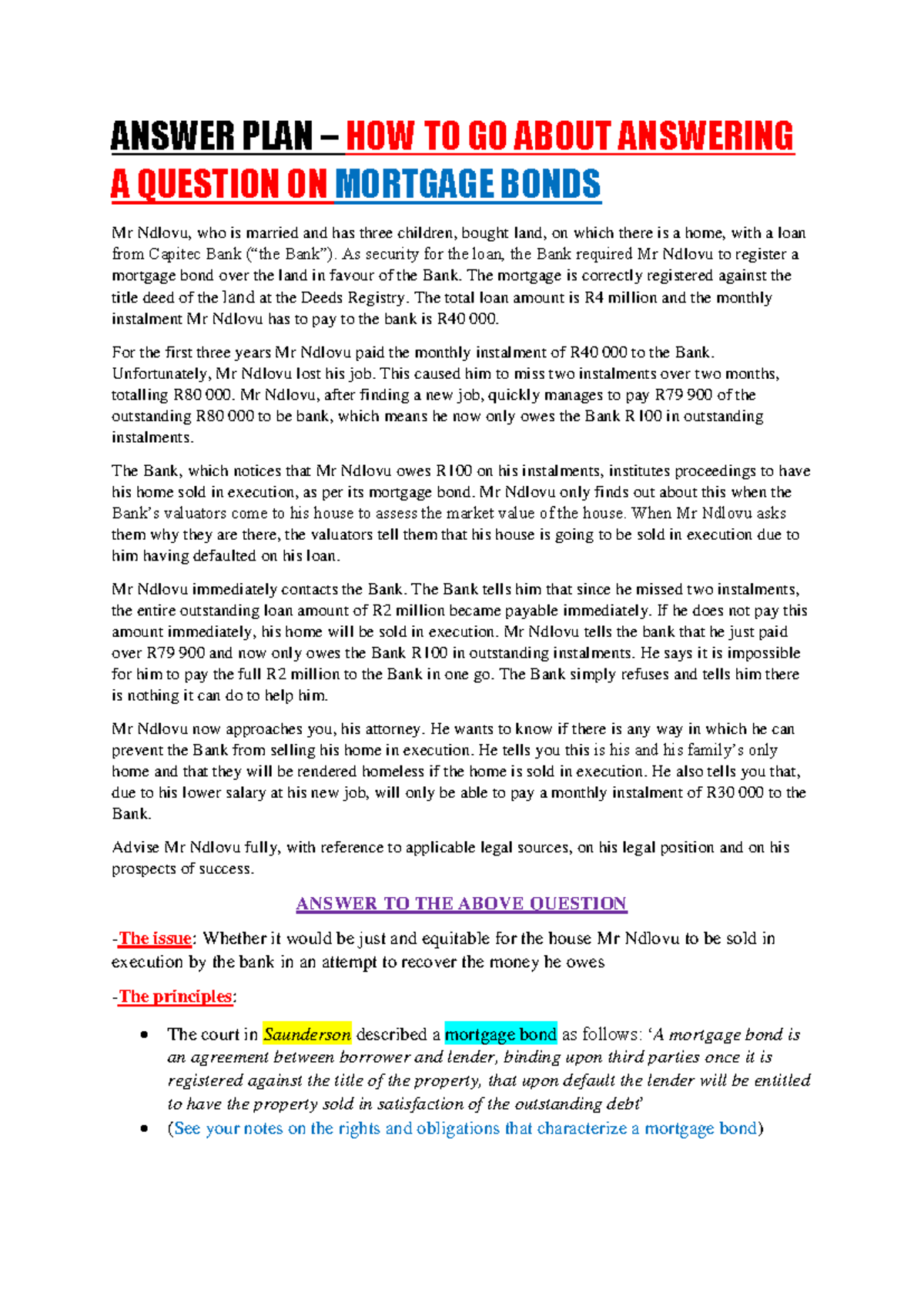 Answer Plan: Legal Advice on Mortgage Bonds (A) - Studocu