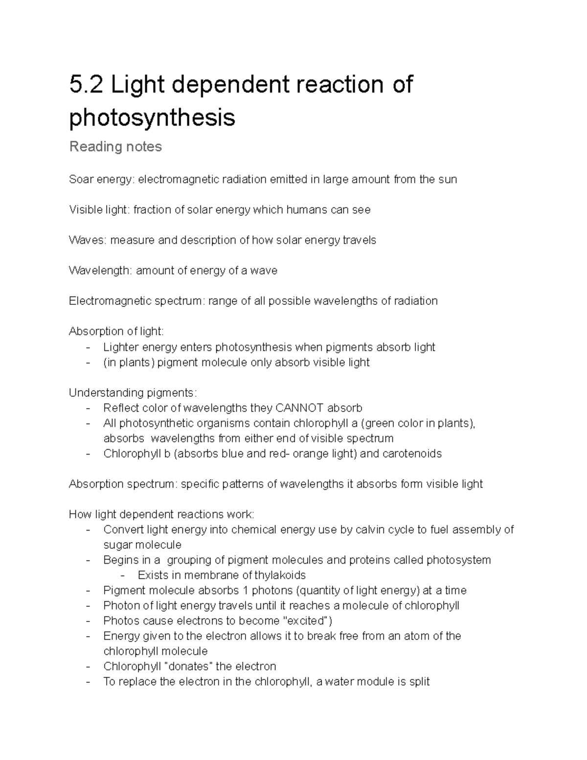 Light Dependent Reactions of Photosynthesis: Reading Notes (BIO 5.2 ...