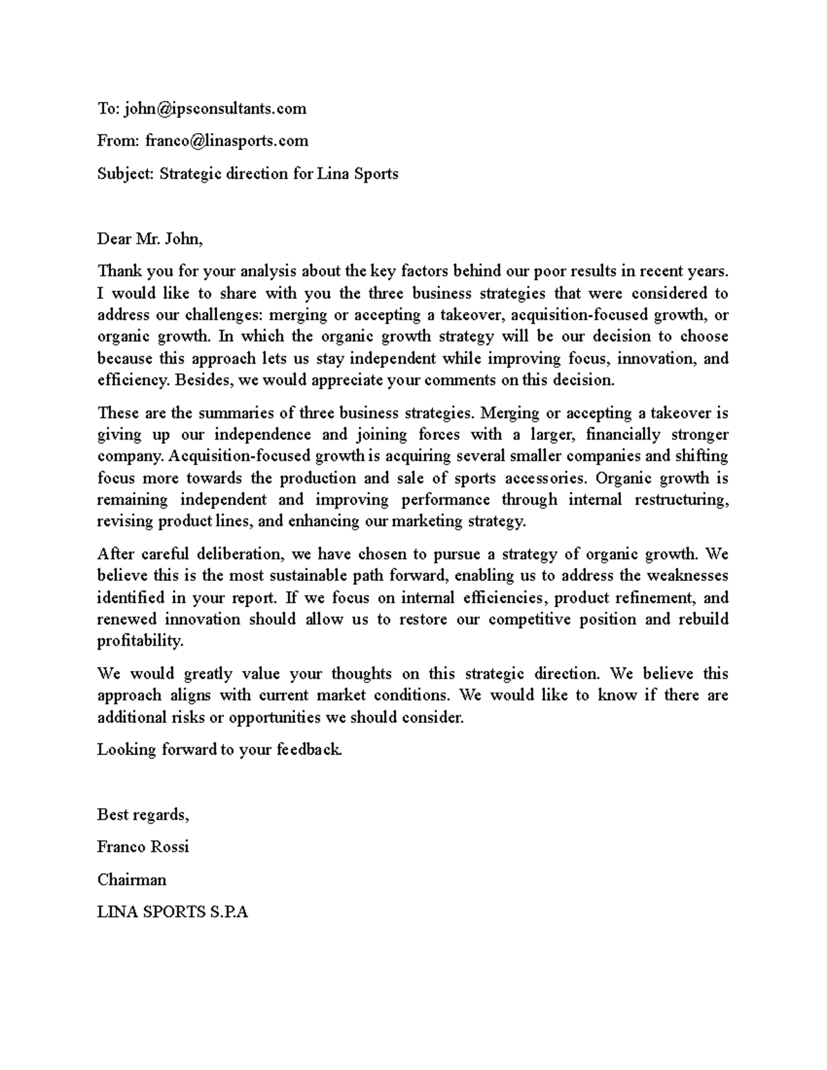 LINA SPORTS S.P.A - Strategic Direction & Growth Strategies - Studocu