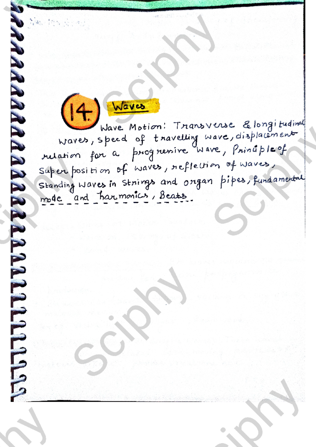 Waves Handwritten Notes Chapter 14 Class 11 Physics - 14. Waves Wave ...