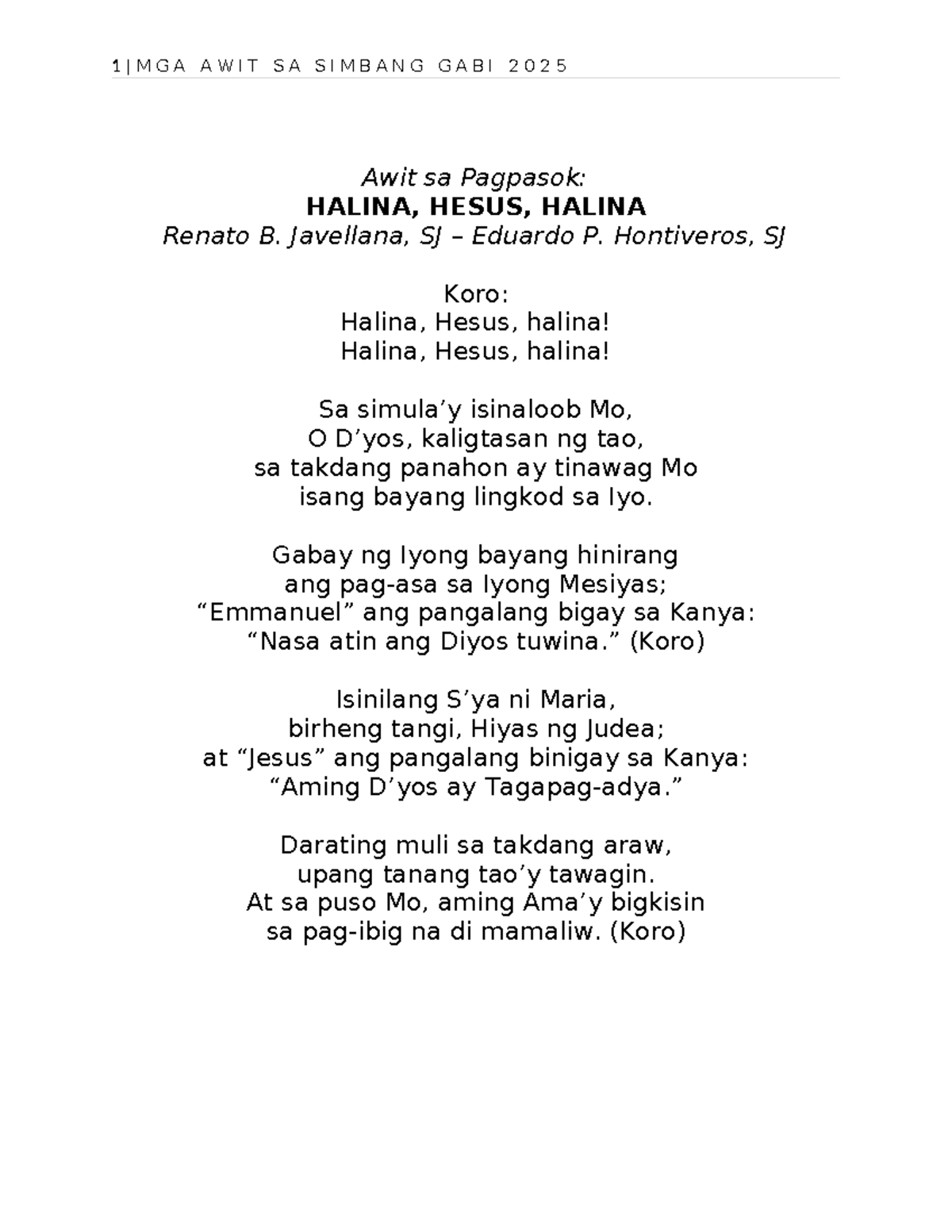 MGA AWIT SA SIMBANG GABI 2025: Pagsasama ng mga Awit at Koro - Studocu