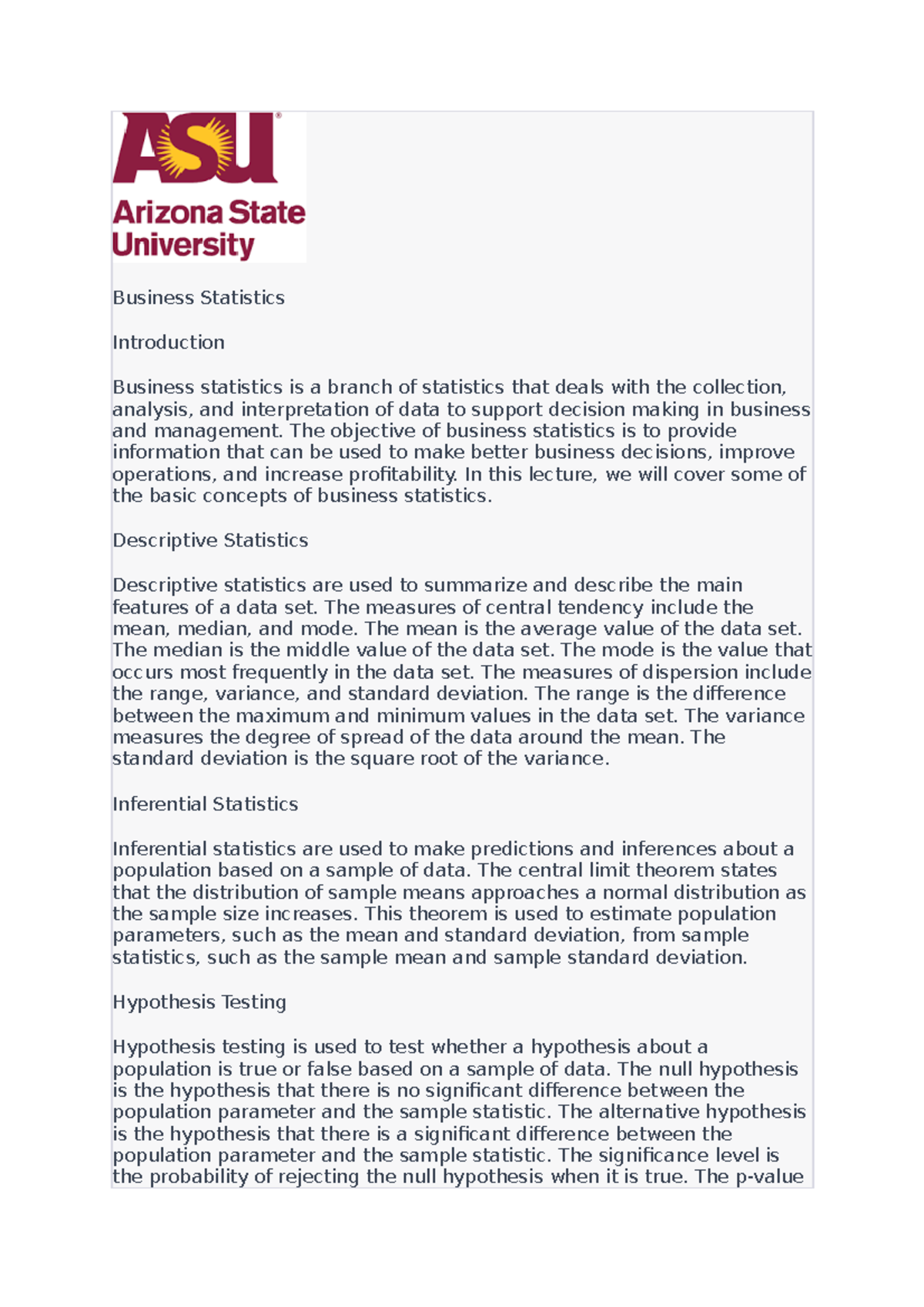 Business Statistics Business Statistics Introduction Business