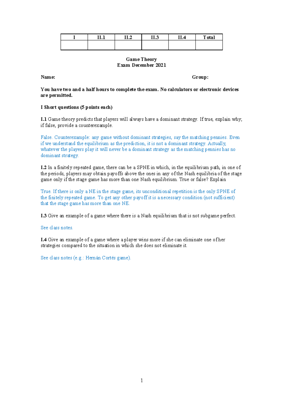 Game Theory Exam I II.1 II.2 II.3 II.4 - December 2021 - Studocu