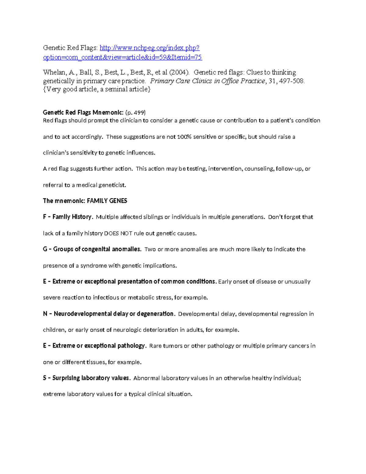 Genetic Red Flags info - n/a - Genetic Red Flags: nchpeg/index.php ...
