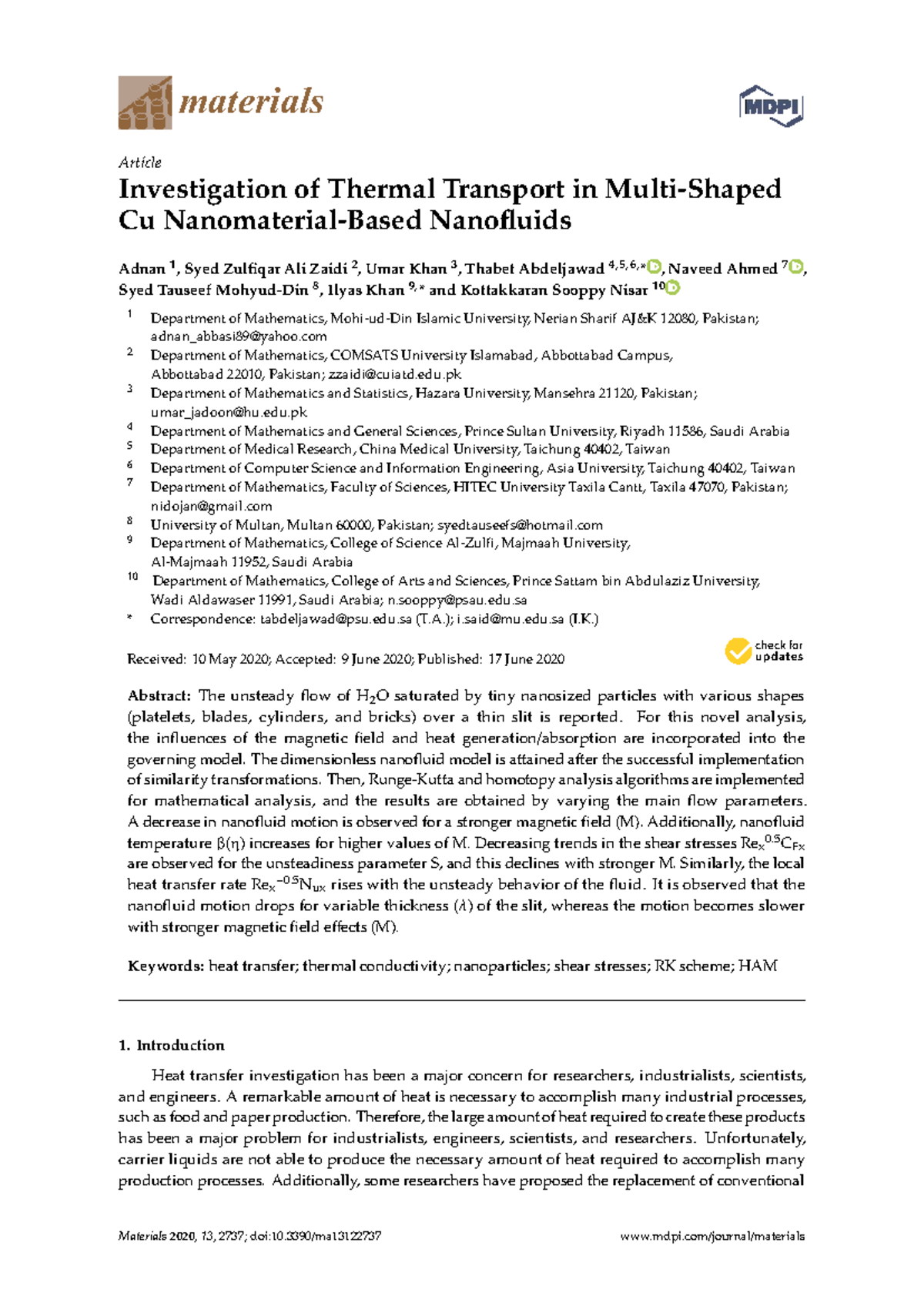 Investigation of Thermal Transport in Cu Nanofluids: Materials 2020, 13 ...