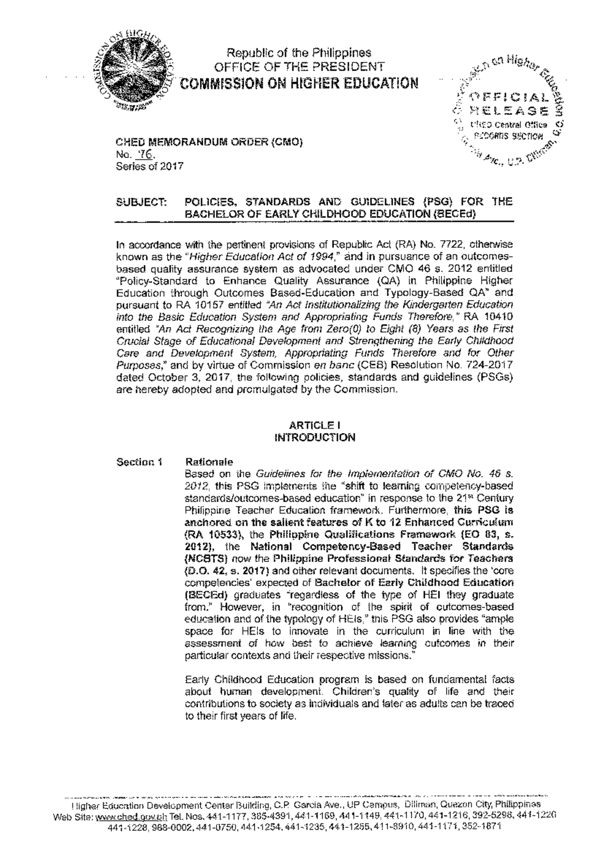 CHED CMO No. 76, s. 2017: Policies & Guidelines for BECEd Program - Studocu
