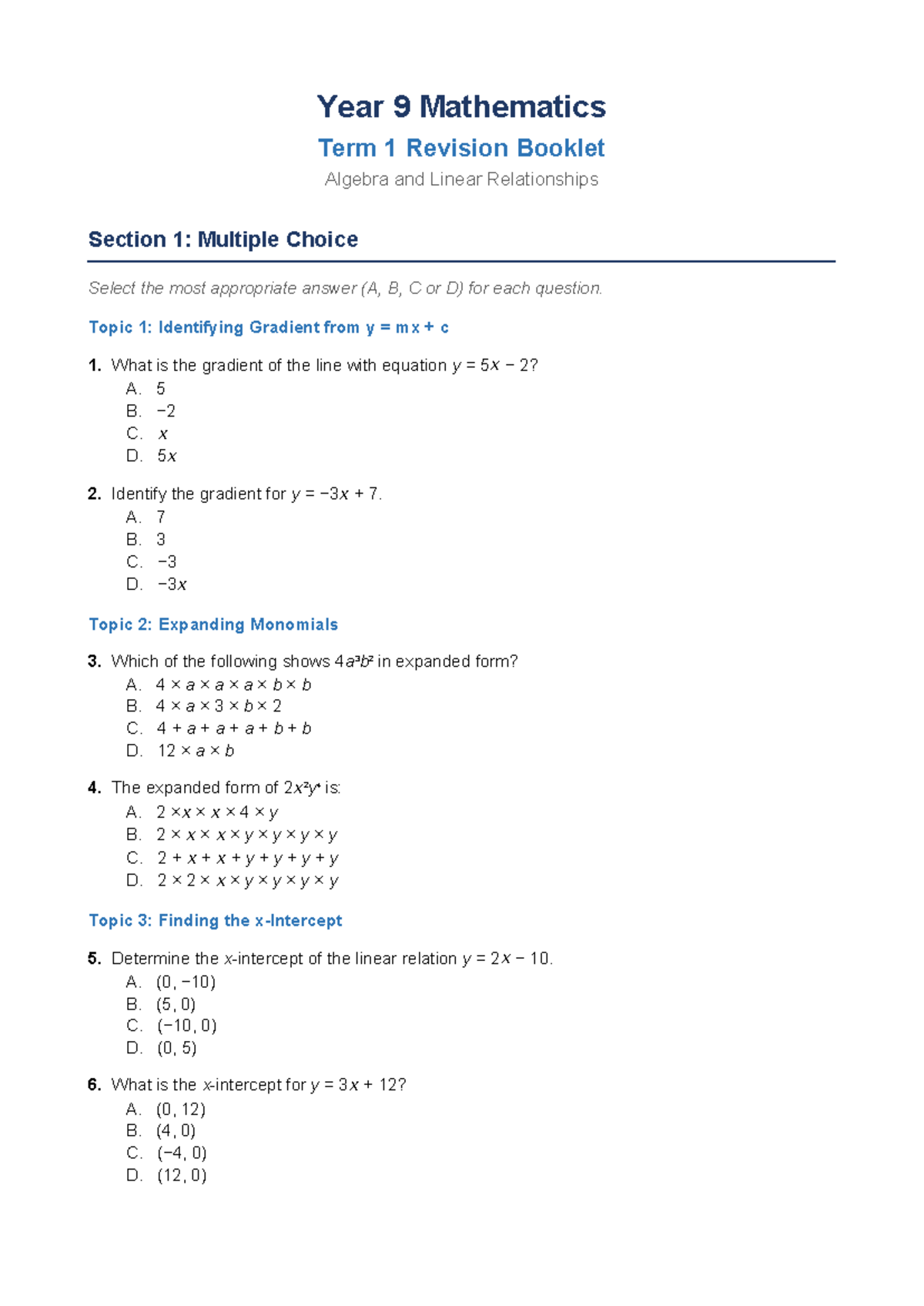 Yr 9 Maths Term 1 Revision: Algebra & Linear Relationships - Studocu