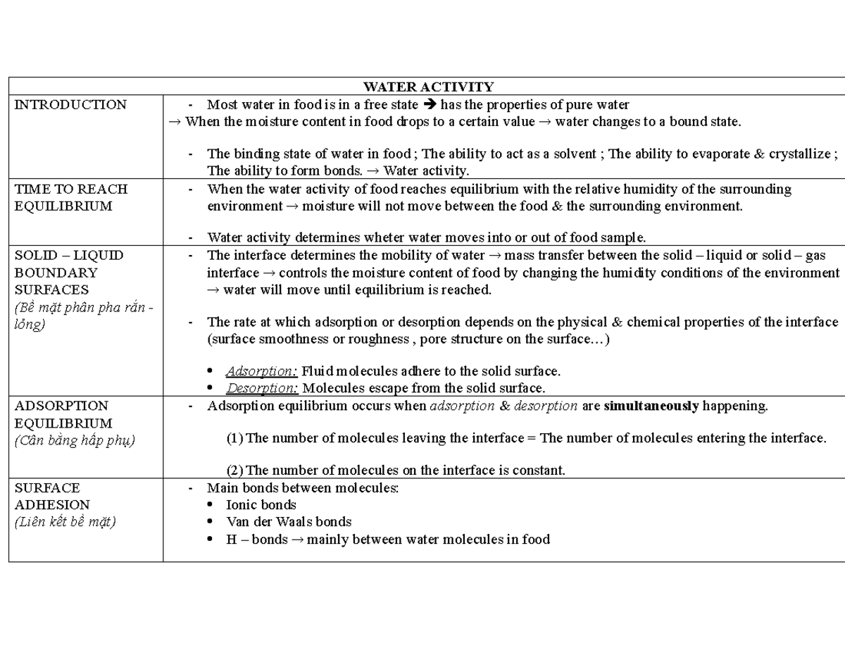 Food physics - notes - WATER ACTIVITY INTRODUCTION - Most water in food ...