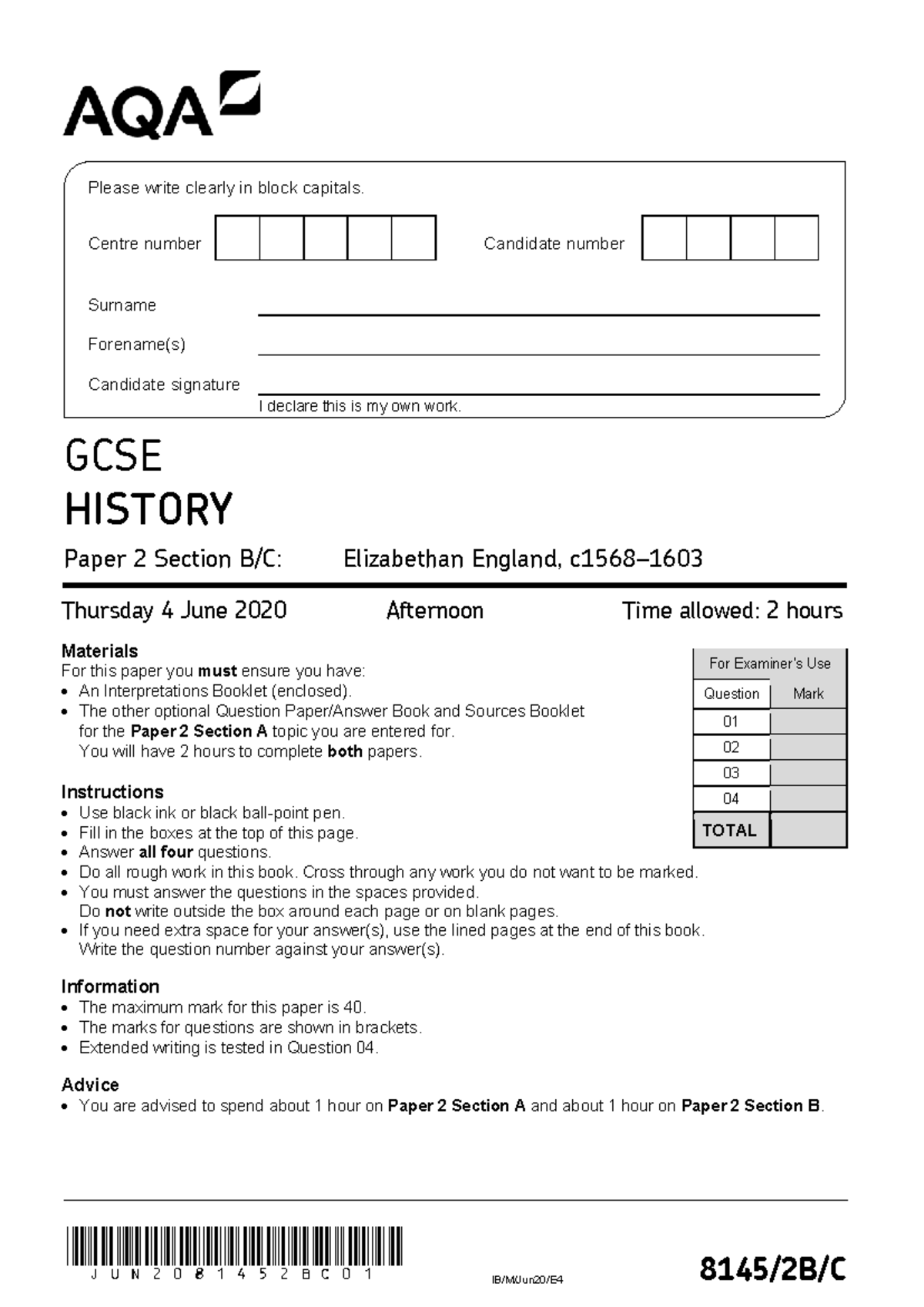 AQA 81452 BC GCSE History Paper 2: Elizabethan England Past Paper - Studocu