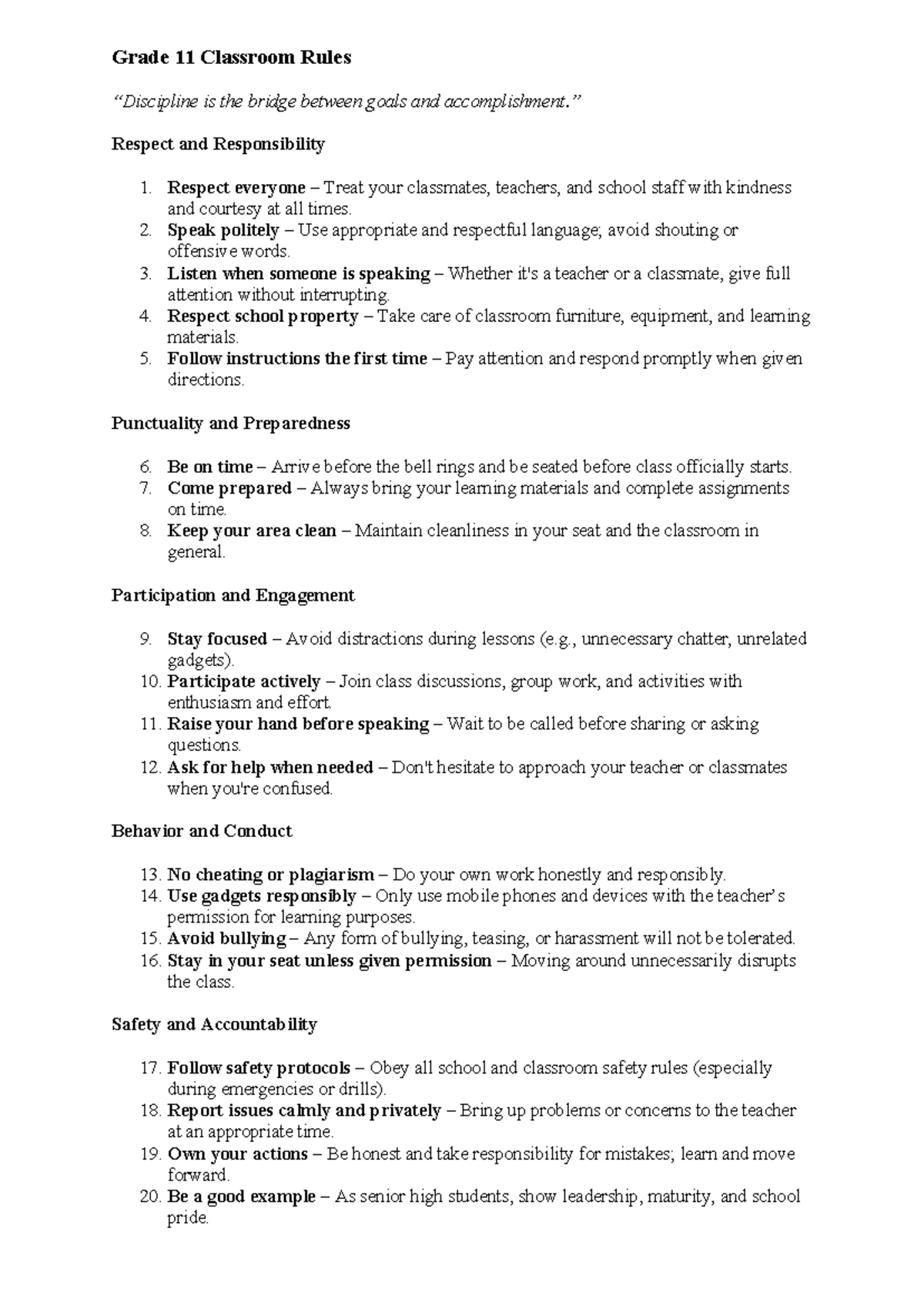 Grade 11 SHS Classroom Rules: Respect, Responsibility, and Engagement ...